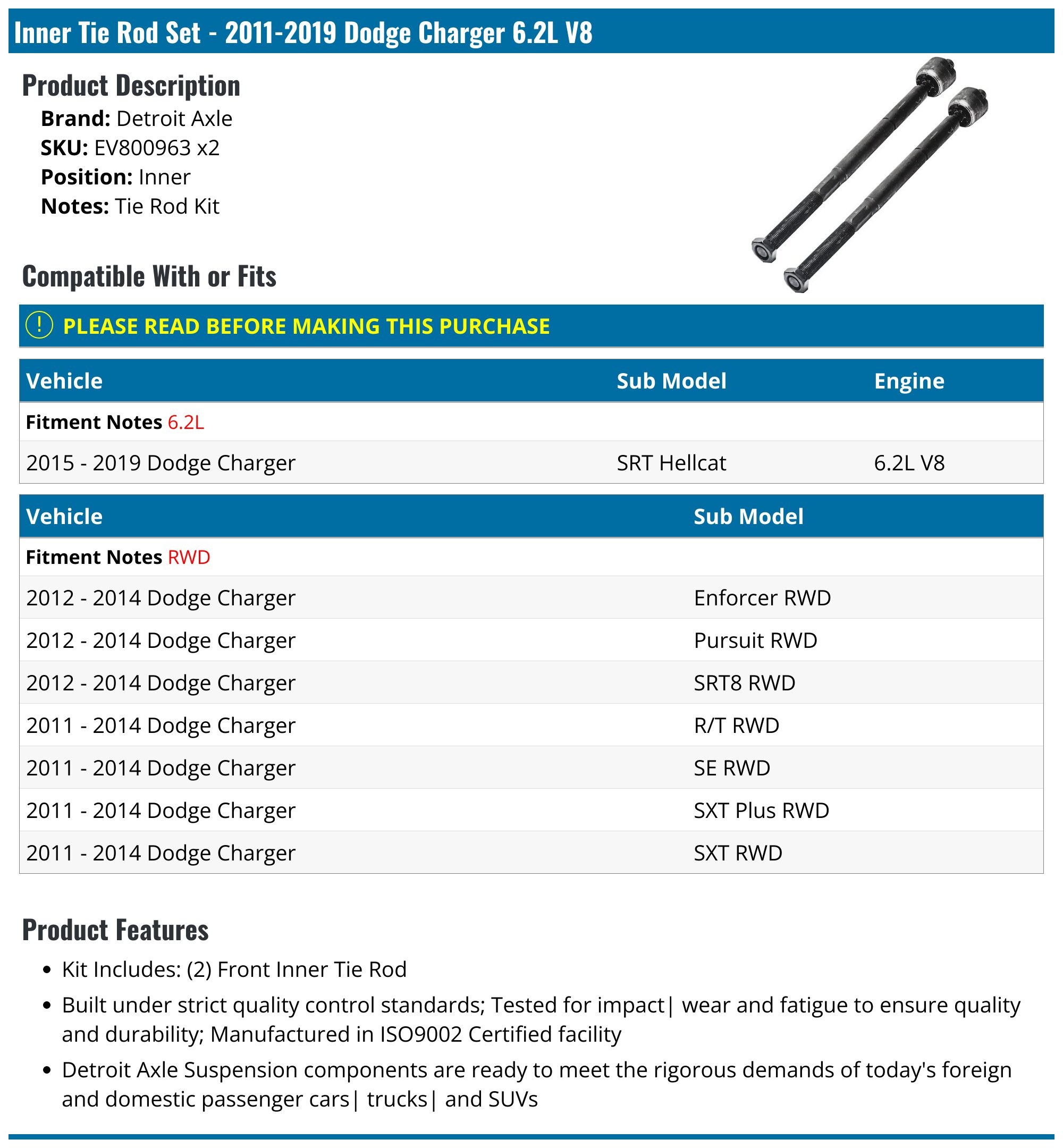 2011-2019 Dodge Charger Tie Rod - Detroit Axle EV800963 x2 - Front ...