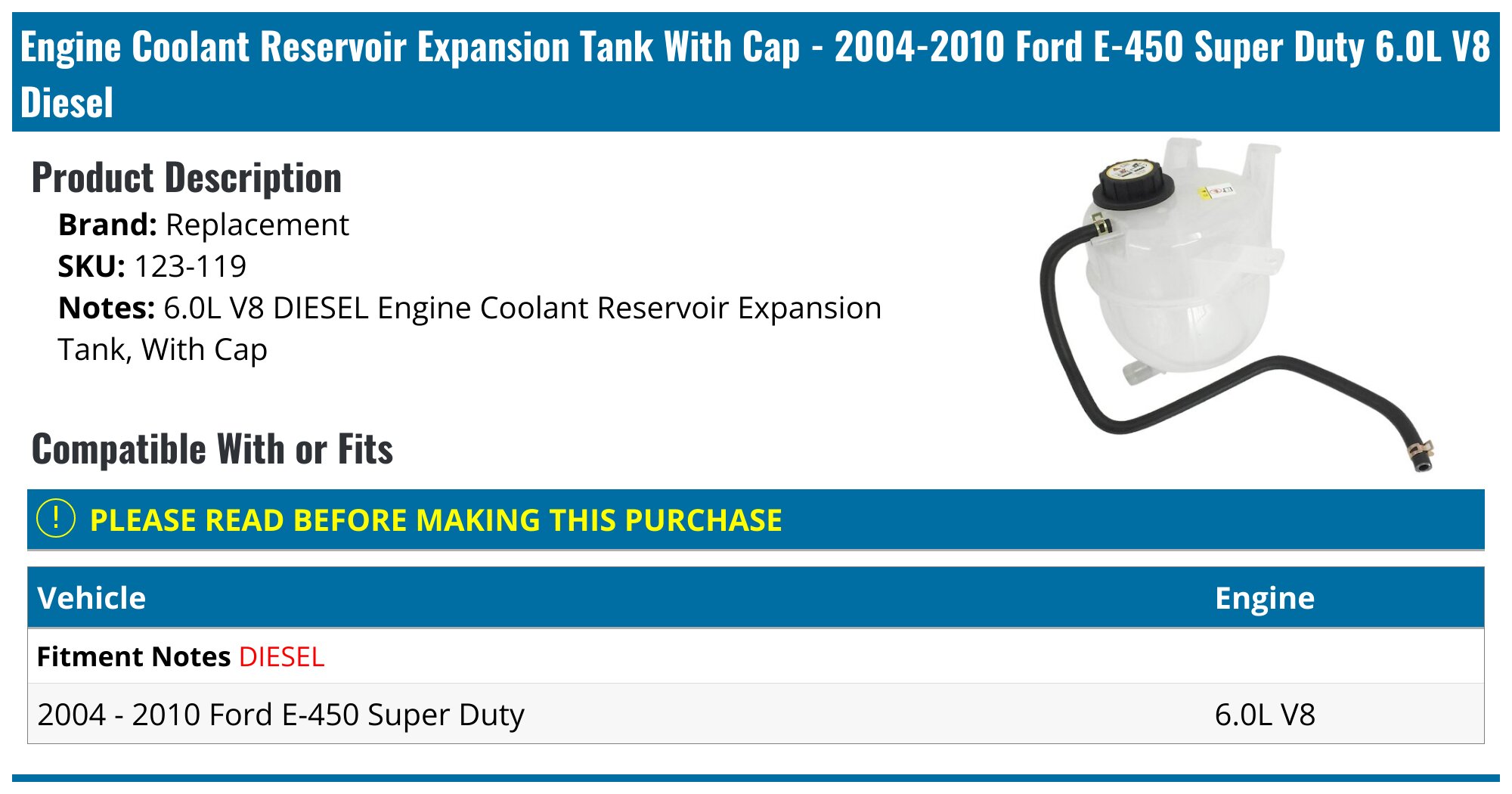 2004-2010 Ford E450 Super Duty Expansion Tank - Replacement 123-119 ...