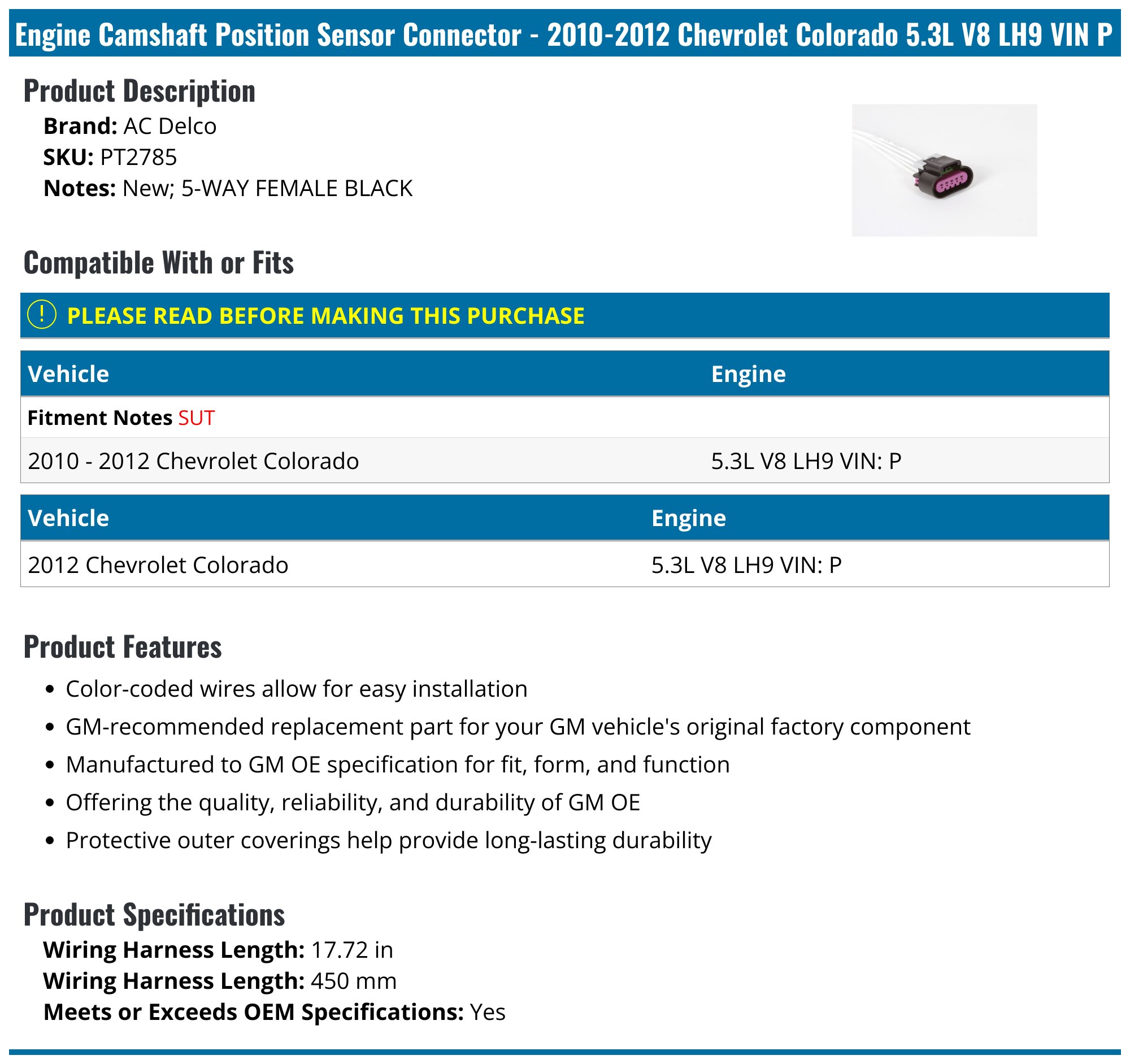 2010-2012 Chevrolet Colorado Engine Camshaft Position Sensor Connector ...