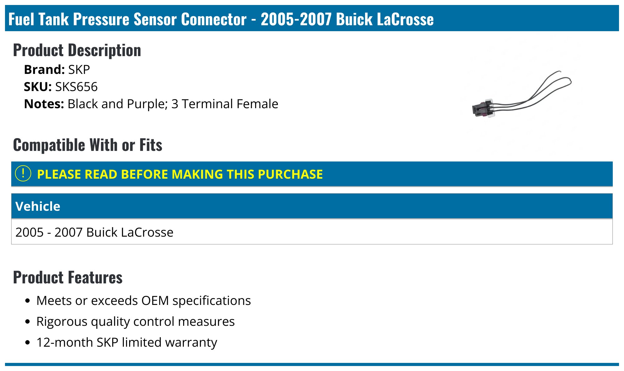 2005-2007 Buick LaCrosse Fuel Tank Pressure Sensor Connector - SKP ...
