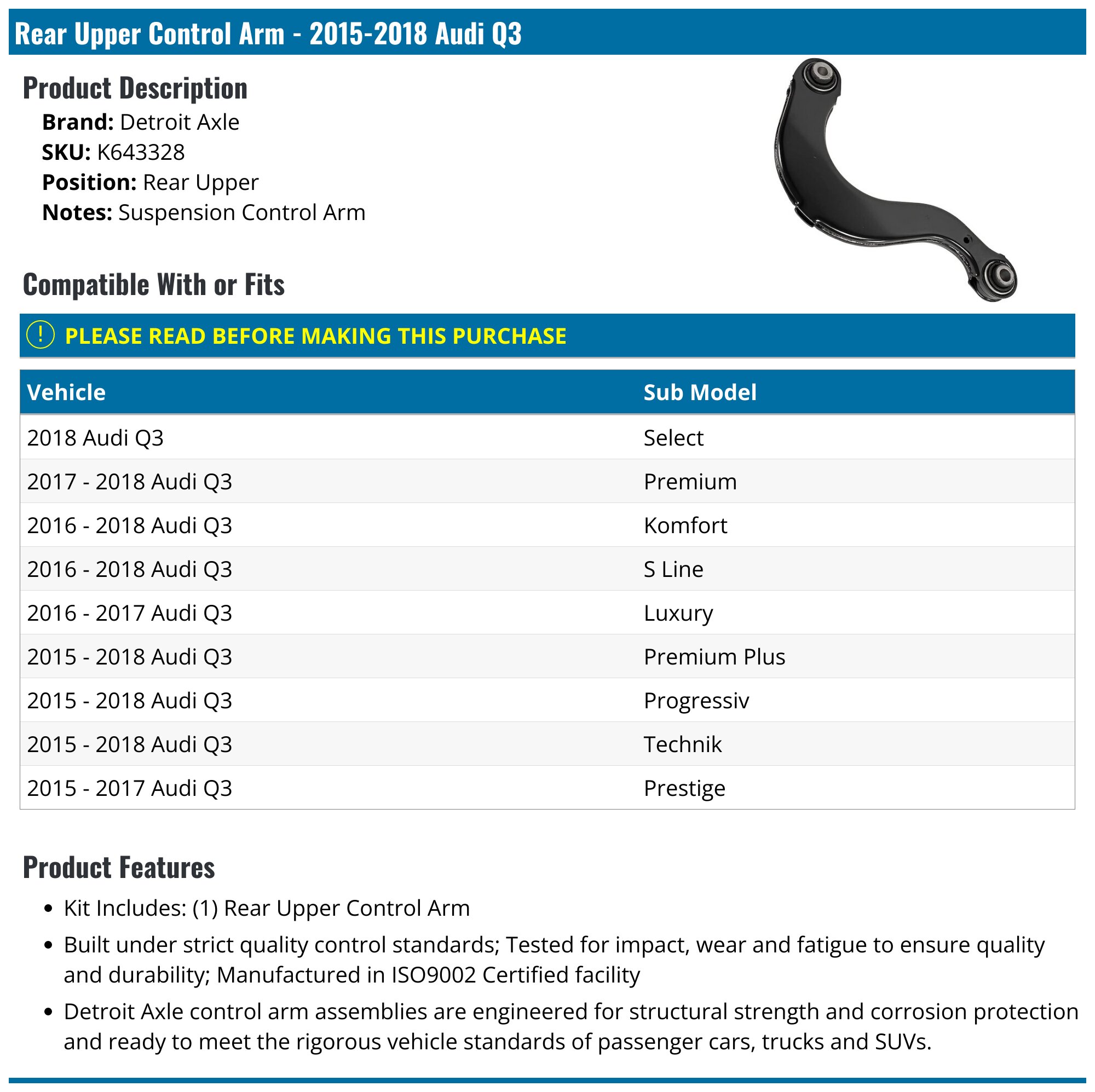 2015-2018 Audi Q3 Control Arm - Detroit Axle K643328 - Rear Upper ...