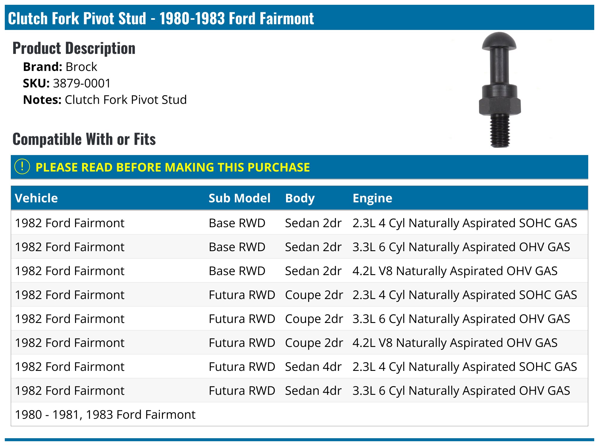 1980-1983 Ford Fairmont Clutch Fork Pivot Stud - Brock 3879-0001 ...