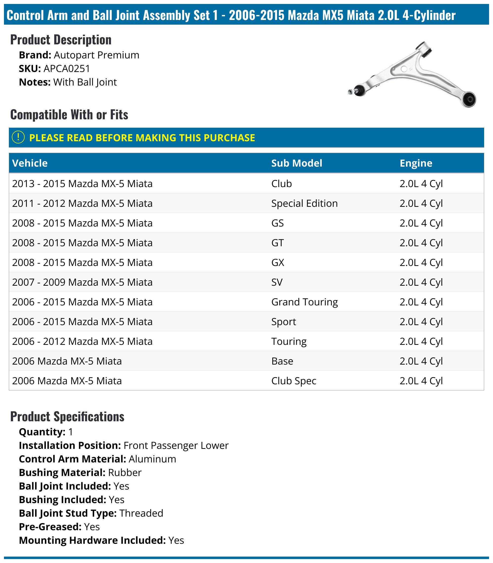 2006-2015 Mazda MX5 Miata Control Arm - Autopart Premium APCA0251 ...