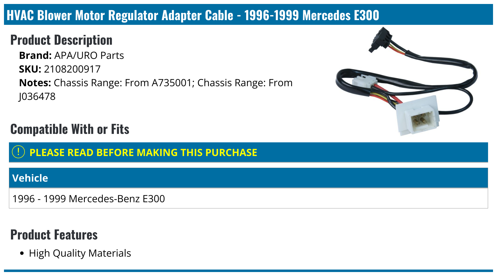 1996-1999 Mercedes E300 HVAC Blower Motor Regulator Adapter Cable - APA ...