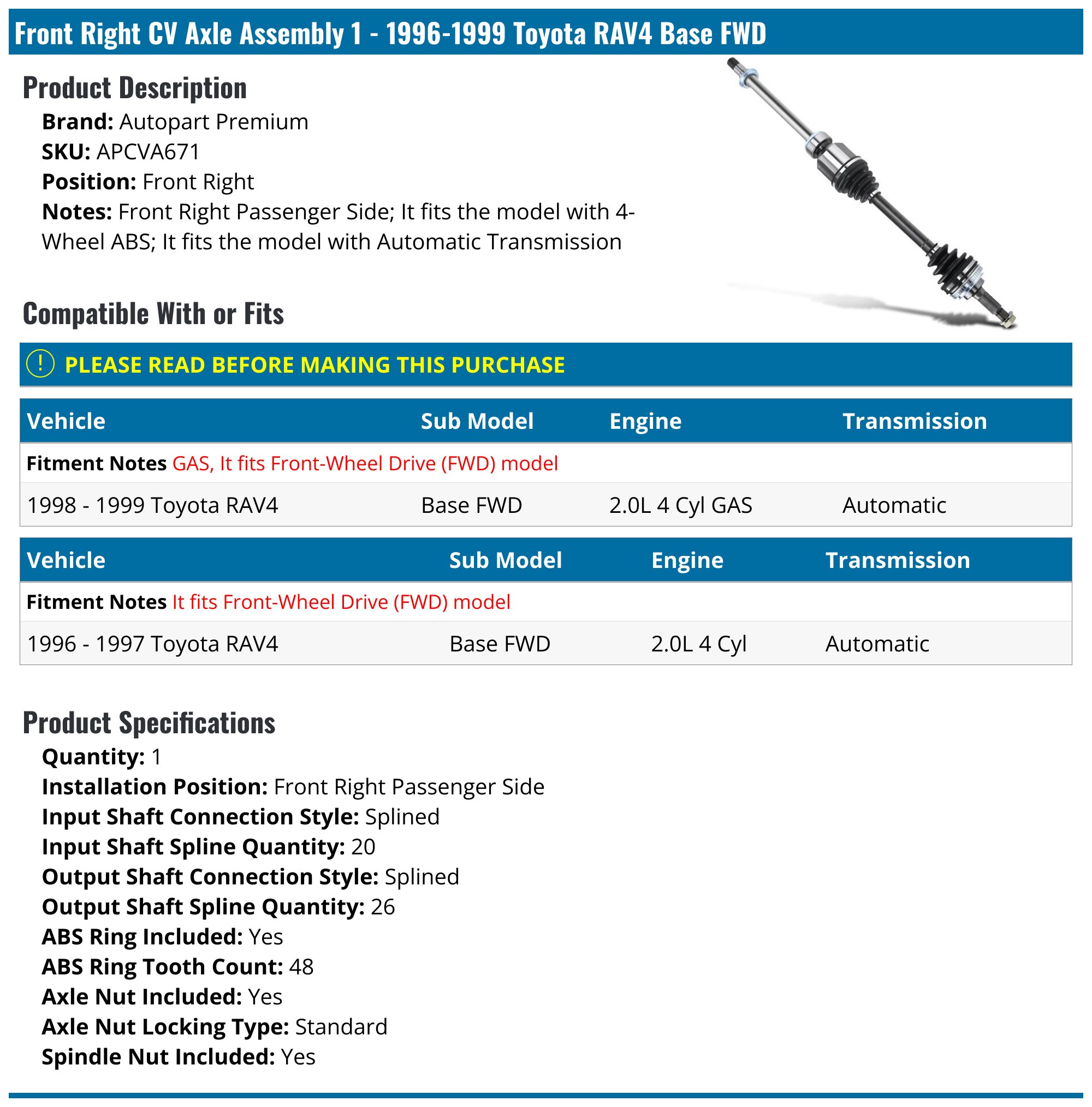 1996-1999 Toyota RAV4 Axle Assembly - Autopart Premium APCVA671 - Front ...