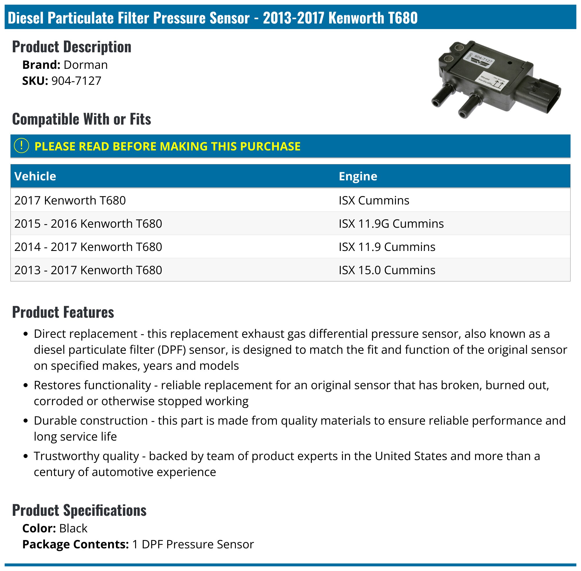 2013-2017 Kenworth T680 Diesel Particulate Filter Pressure Sensor ...