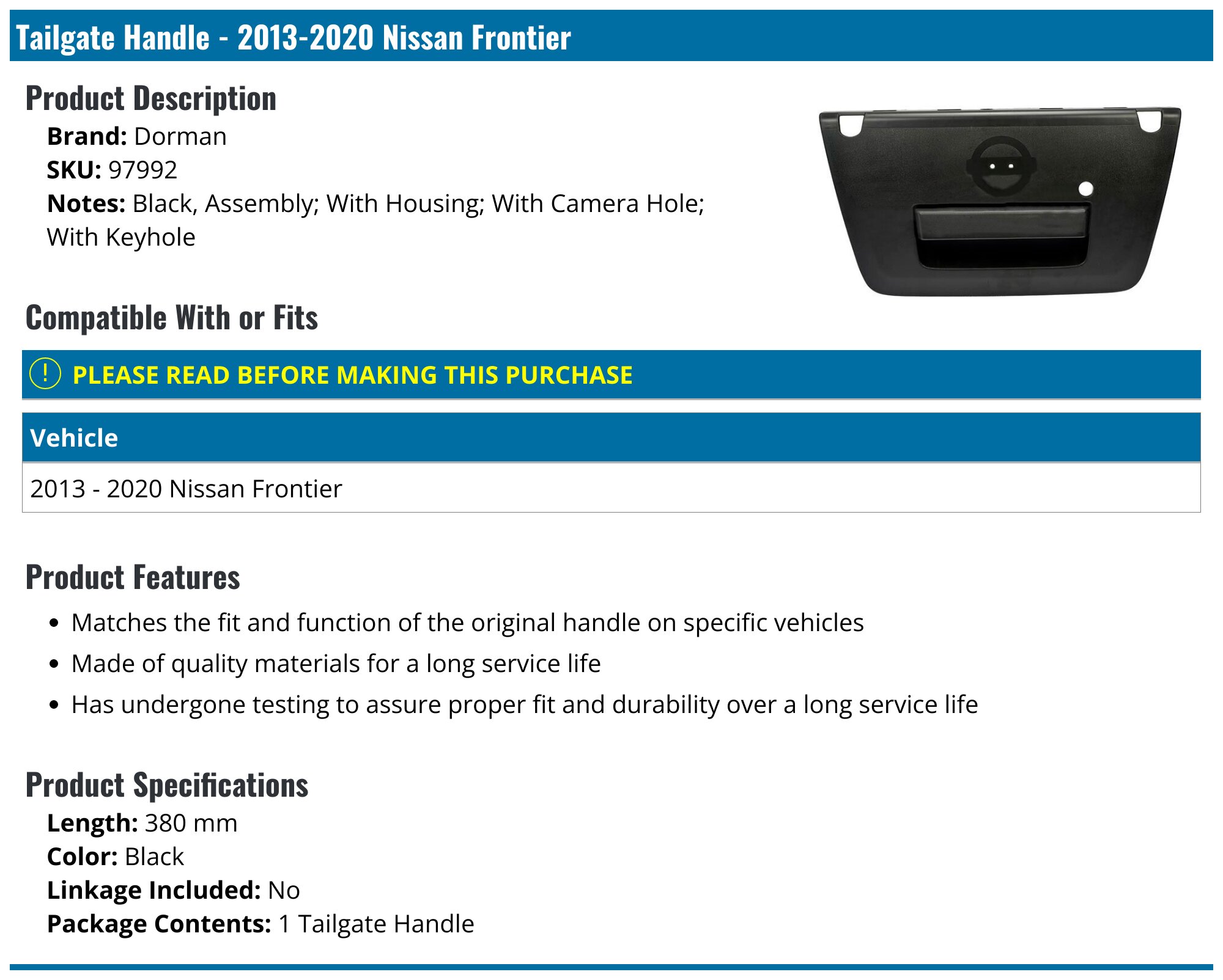 2013-2020 Nissan Frontier Tailgate Handle - Dorman 97992 - PartsGeek.com