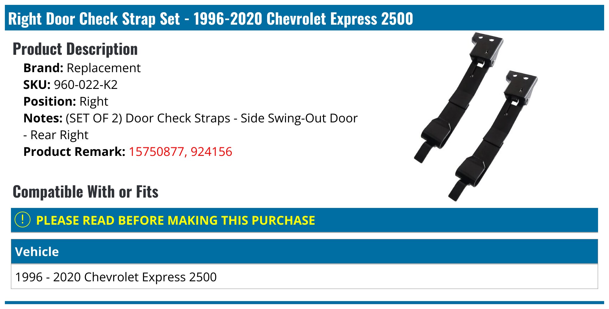 1996-2020 Chevrolet Express 2500 Door Check Strap - Replacement 960-022 ...