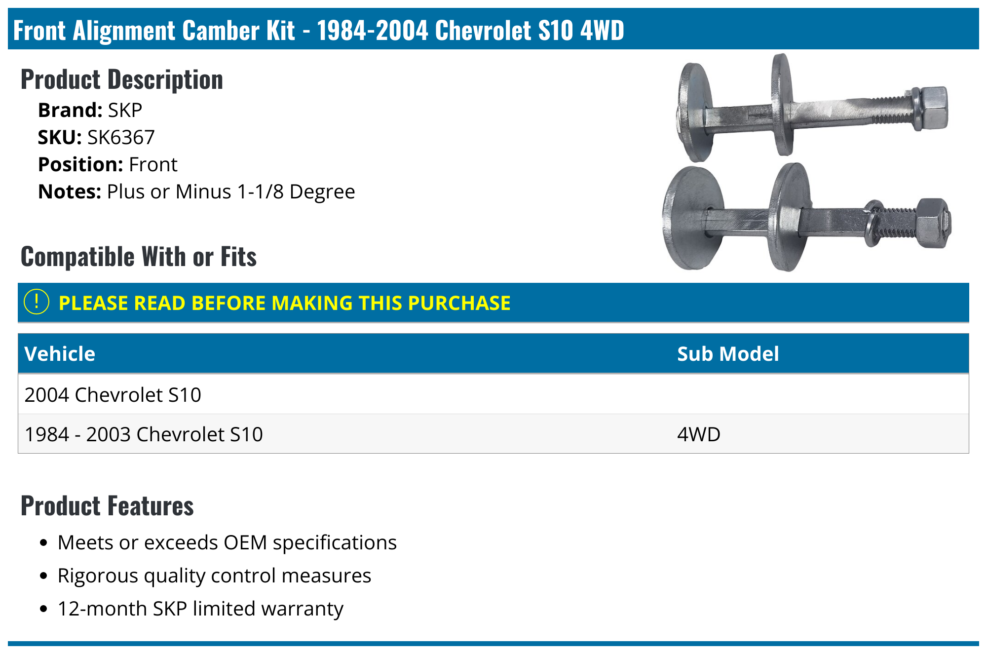 1984-2004 Chevrolet S10 Alignment Camber Kit - SKP SK6367 - Front ...