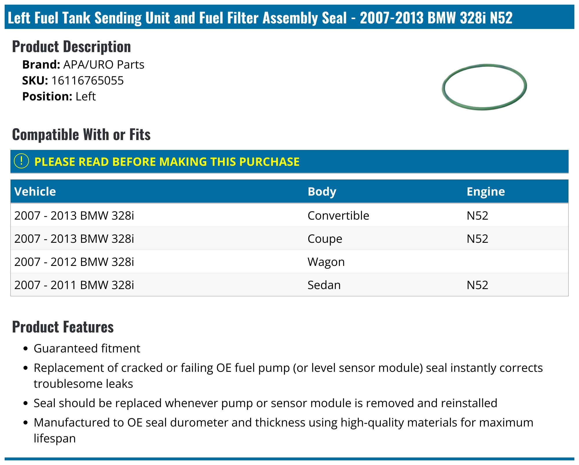 2007-2013 BMW 328i Fuel Tank Sending Unit - APA/URO Parts 16116765055 ...