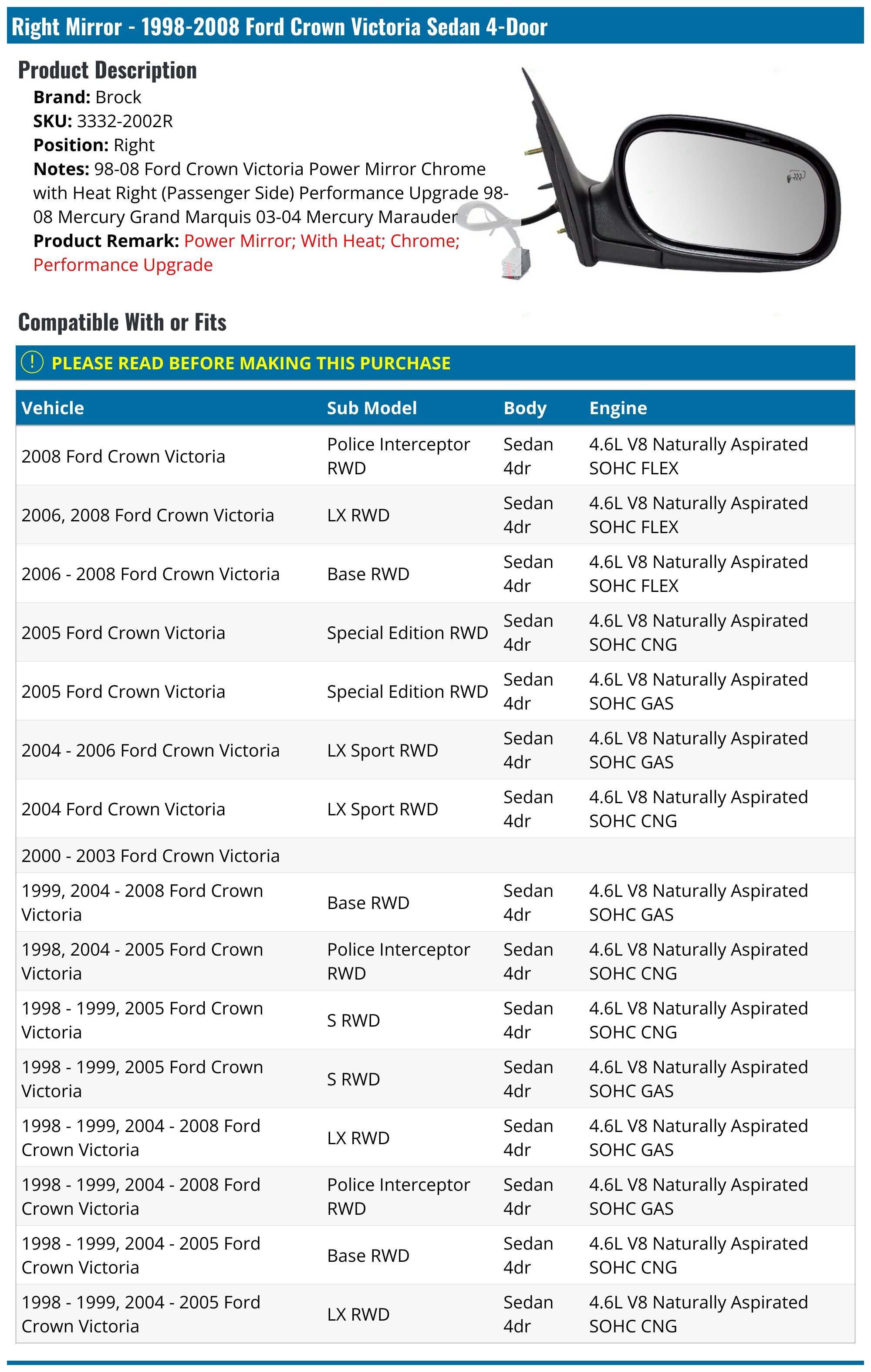 1998-2008 Ford Crown Victoria Mirror - Brock 3332-2002R - Right ...