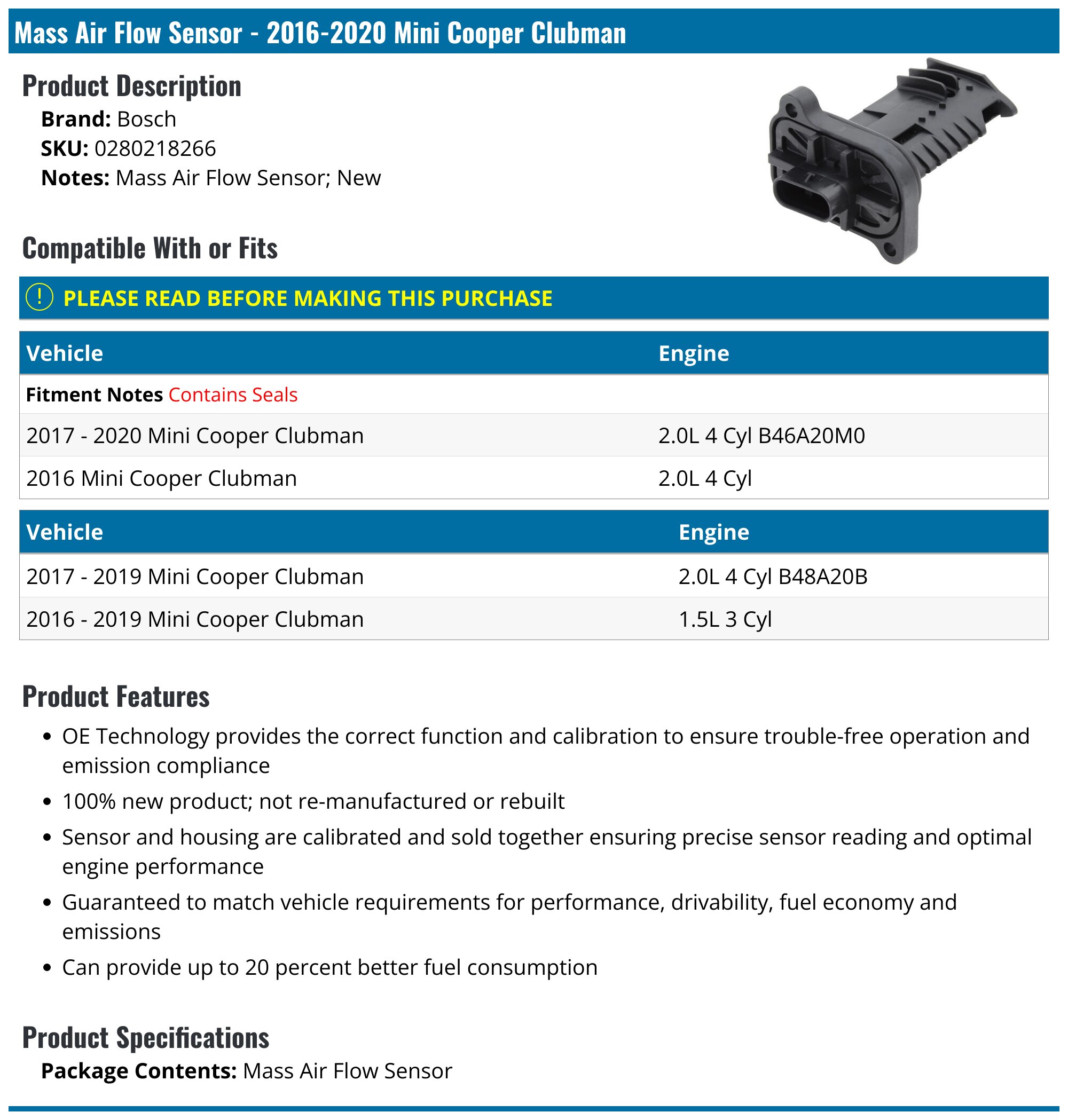 2016-2021 Mini Cooper Clubman Air Mass Sensor - Bosch 0280218266 ...