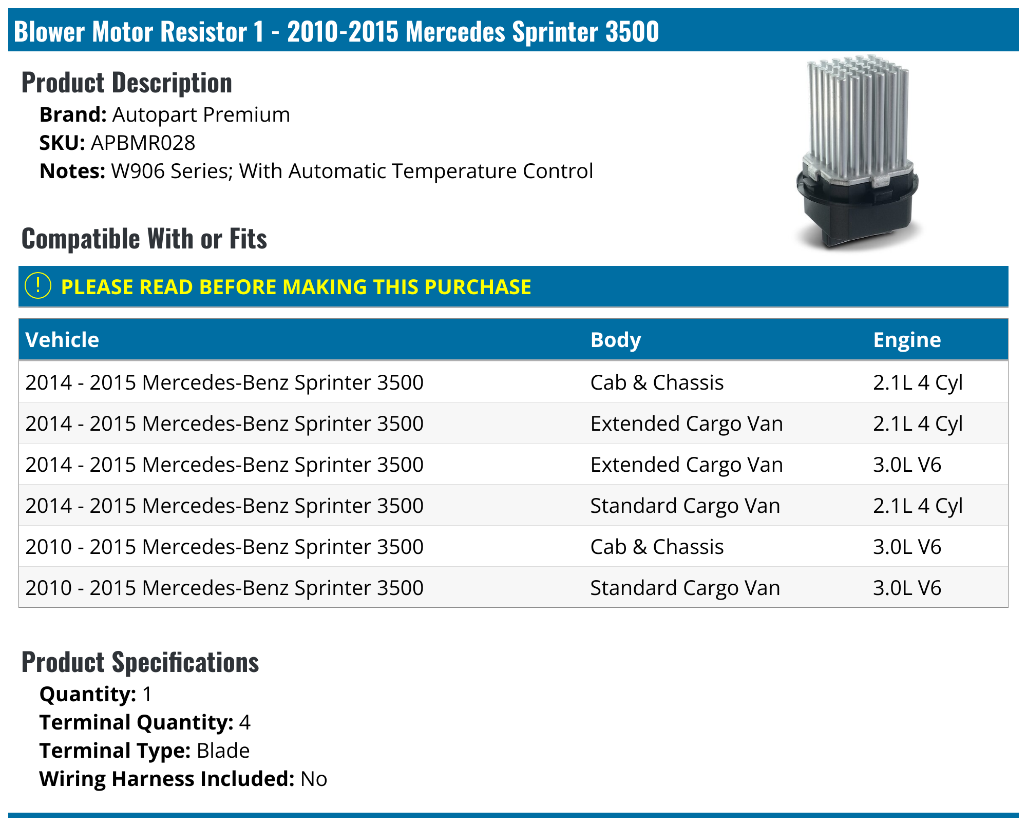2010-2015 Mercedes Sprinter 3500 Blower Motor Resistor - Autopart ...