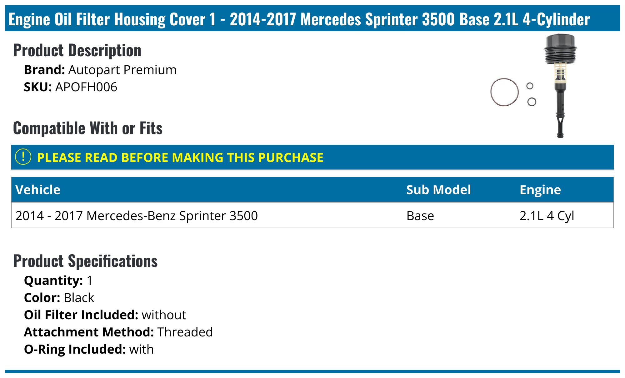 2014-2017 Mercedes Sprinter 3500 Engine Oil Filter Housing Cover ...