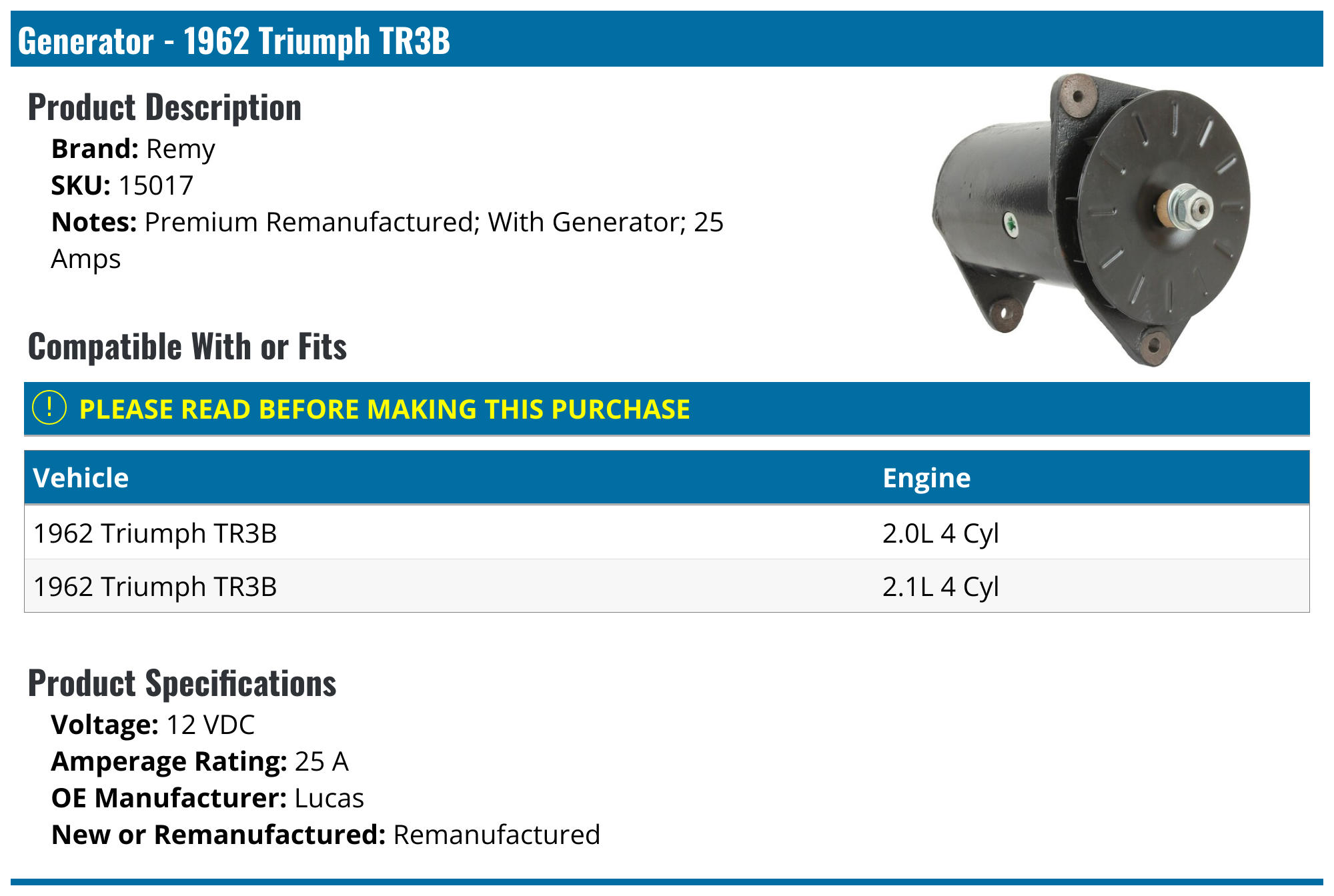 1962 Triumph TR3B Generator - Remy 15017 - PartsGeek.com