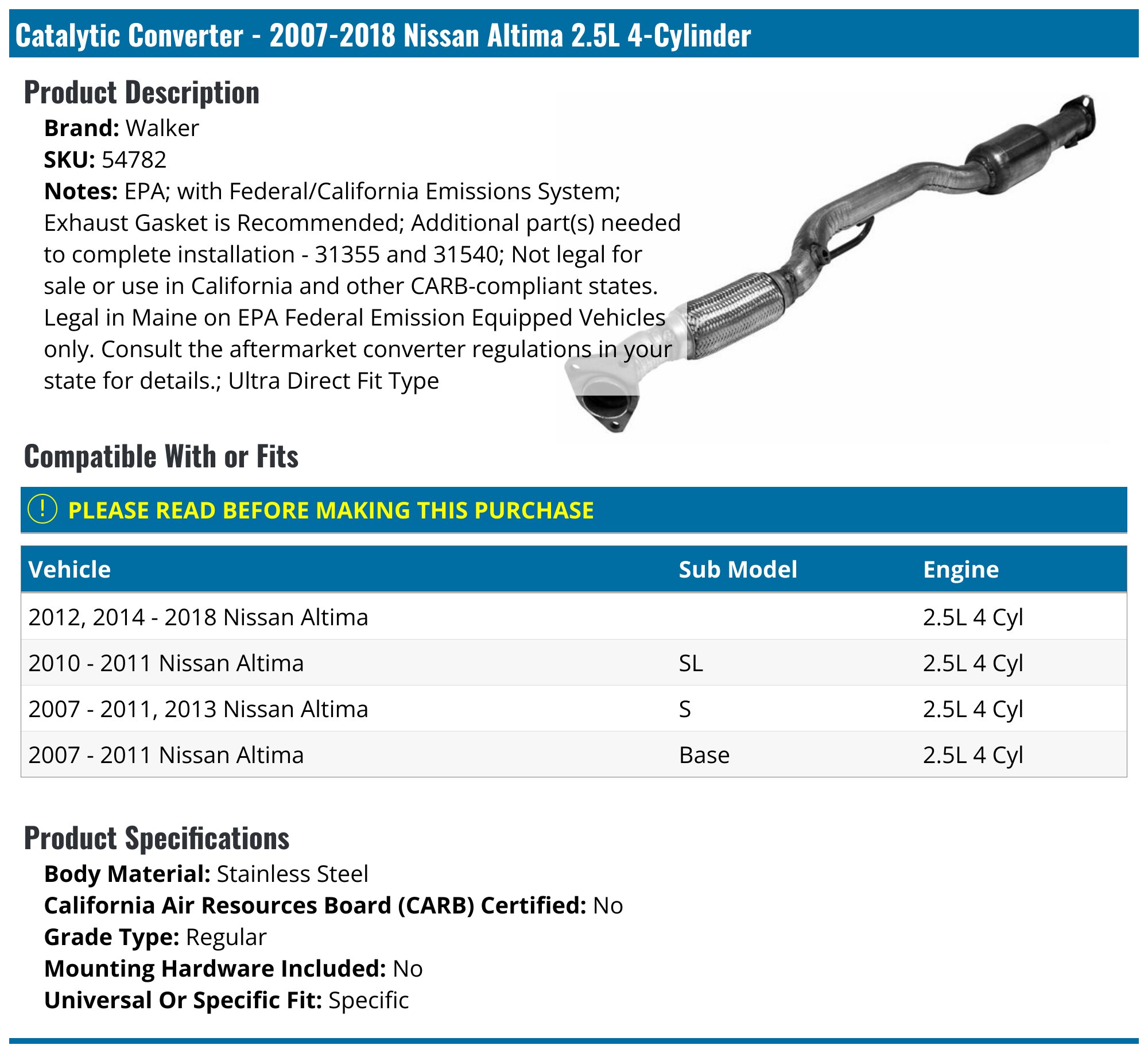 2007-2018 Nissan Altima Catalytic Converter - Walker 54782 - PartsGeek.com