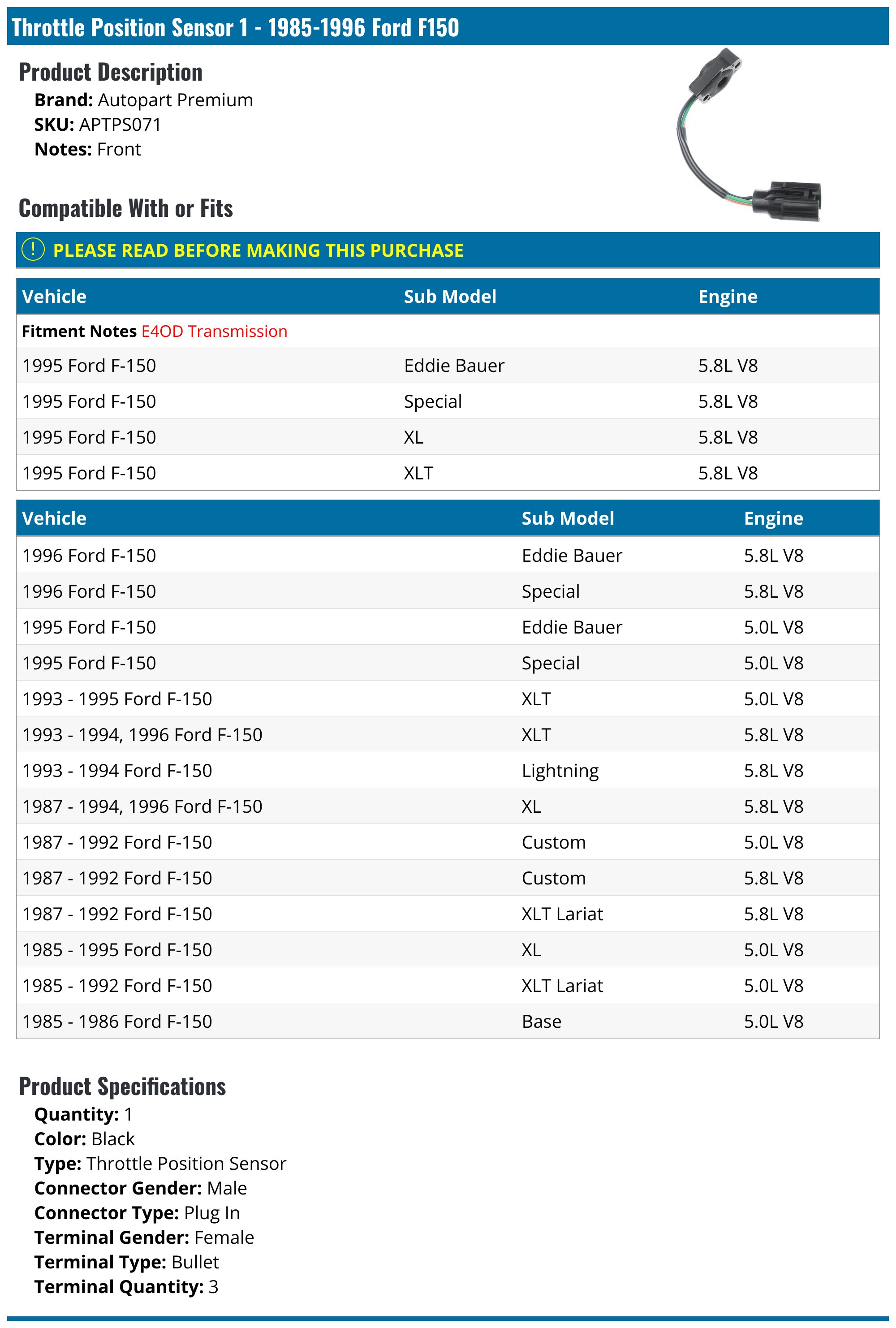 1985-1996 Ford F150 Throttle Position Sensor - Autopart Premium ...