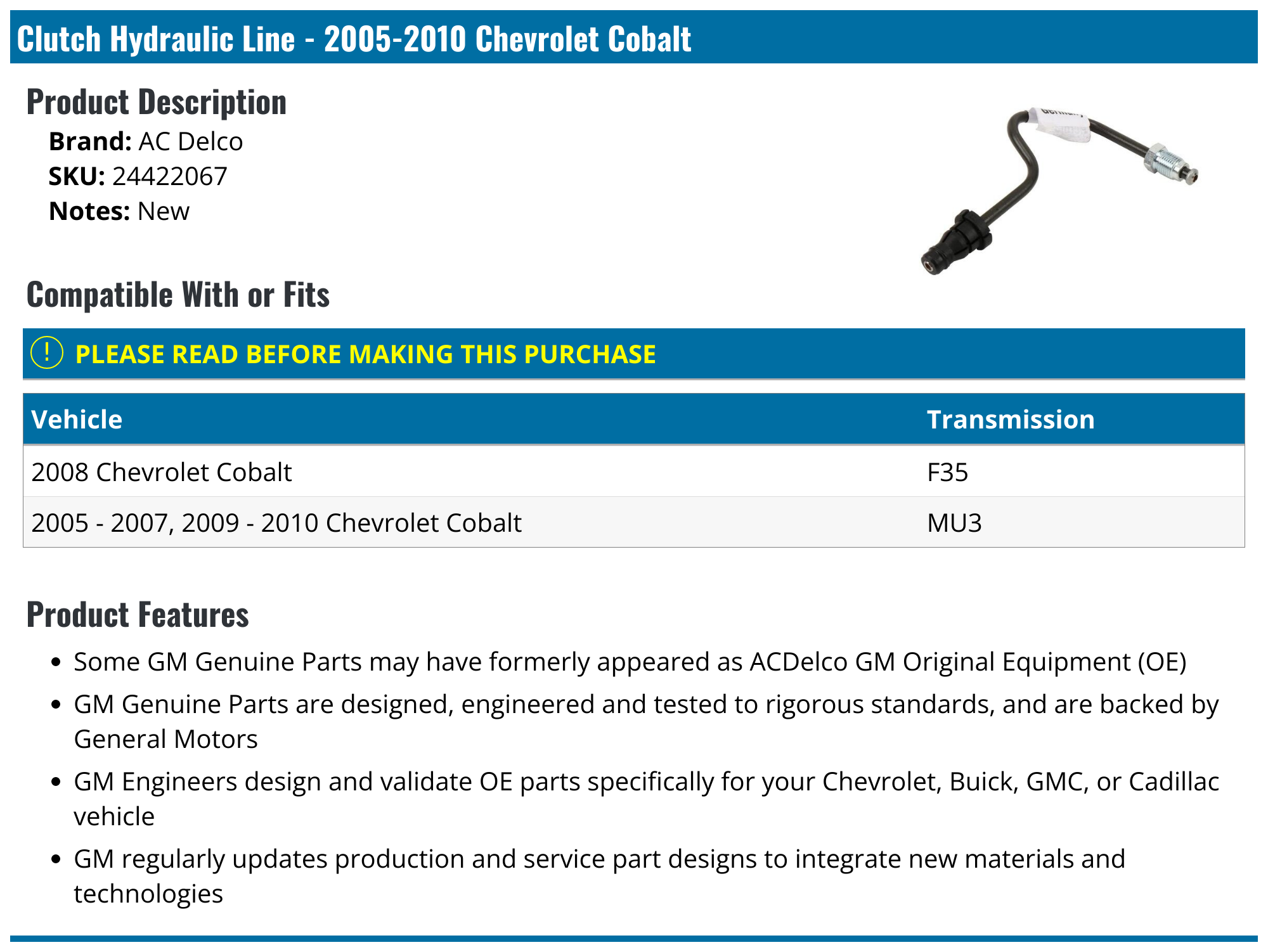 2005-2010 Chevrolet Cobalt Clutch Hydraulic Line - AC Delco 24422067 ...
