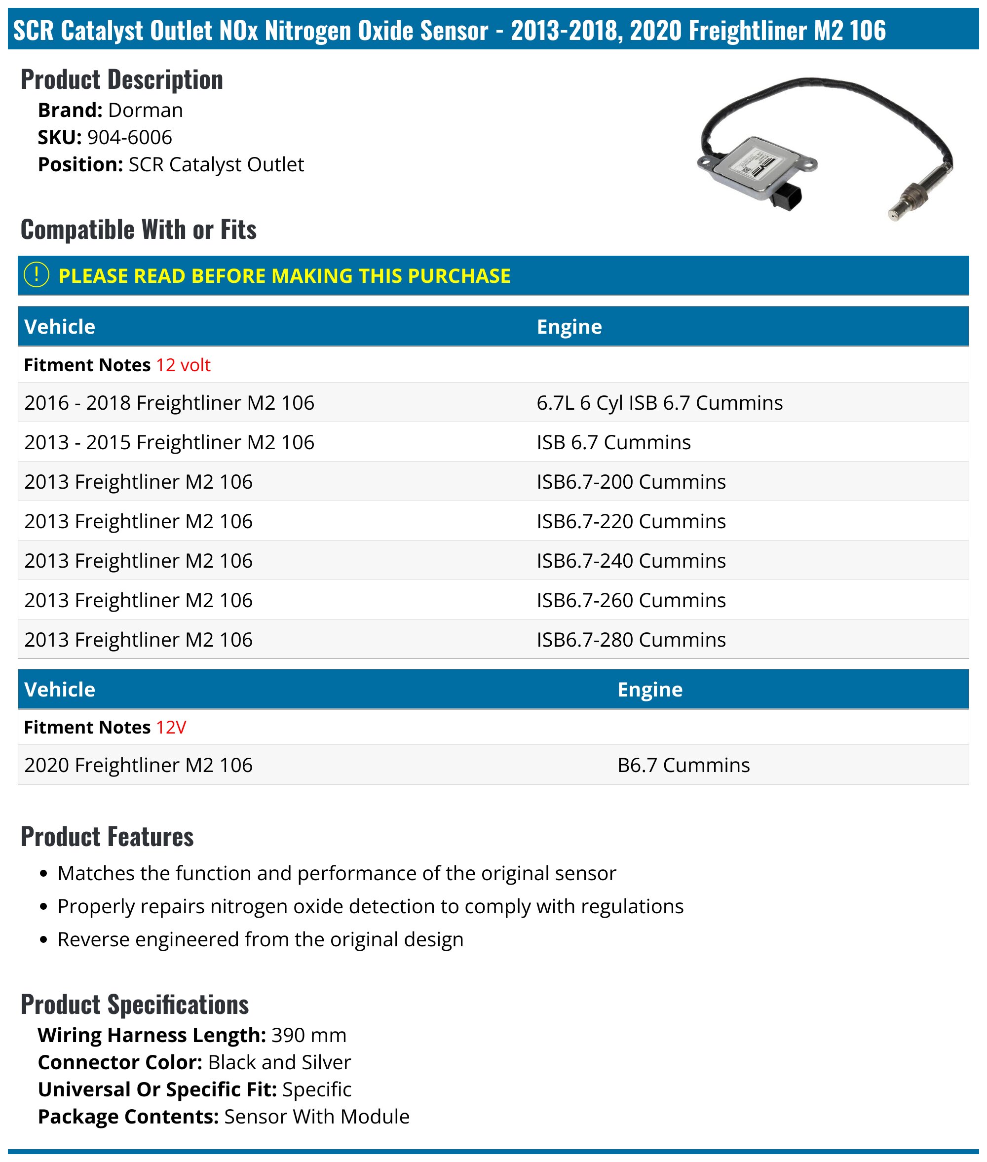 2013-2018, 2020, 2024-2025 Freightliner M2 106 NOx (Nitrogen Oxide ...