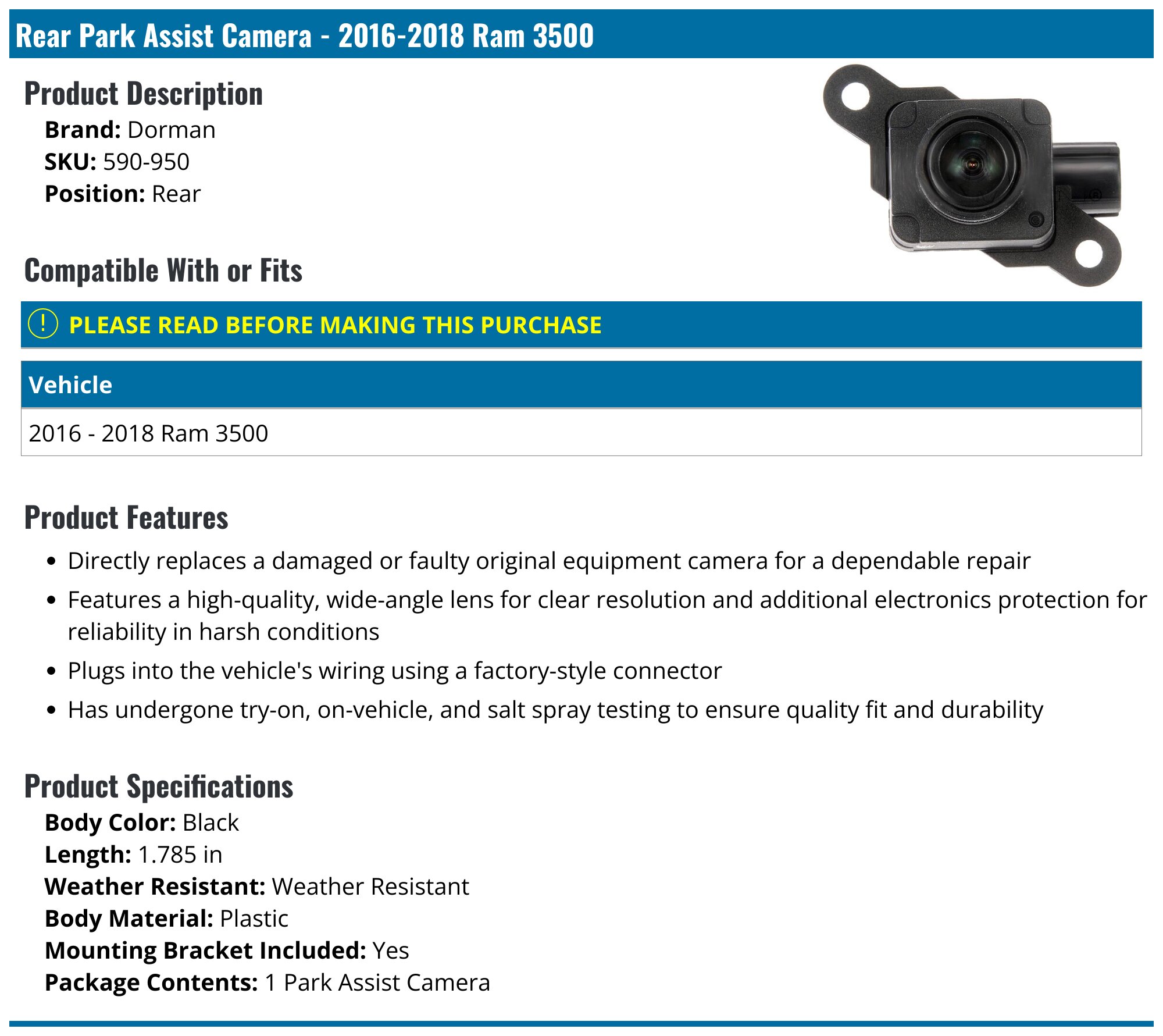 2016-2018 Ram 3500 Backup Camera - Dorman 590-950 - Rear - PartsGeek.com