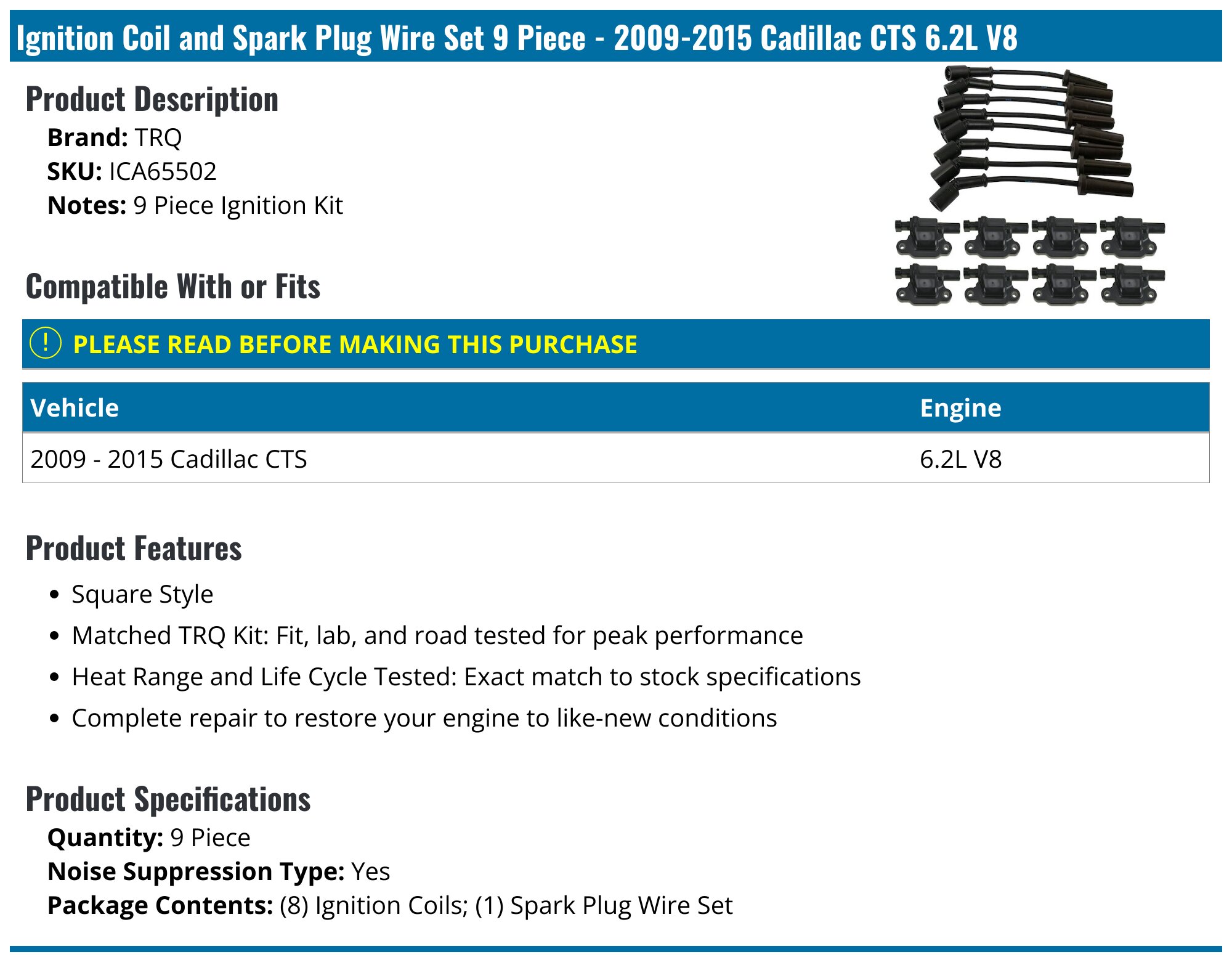 2009-2014 Cadillac CTS Ignition Coil - TRQ ICA65502 - PartsGeek.com