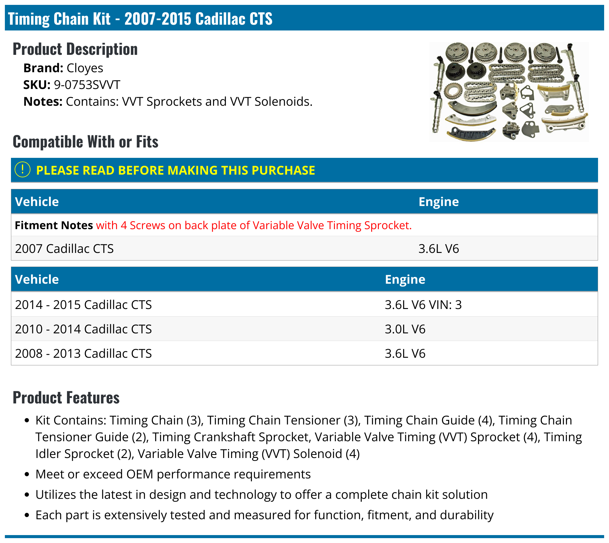 2008-2015 Cadillac CTS Timing Chain - Cloyes 9-0753SVVT - PartsGeek.com