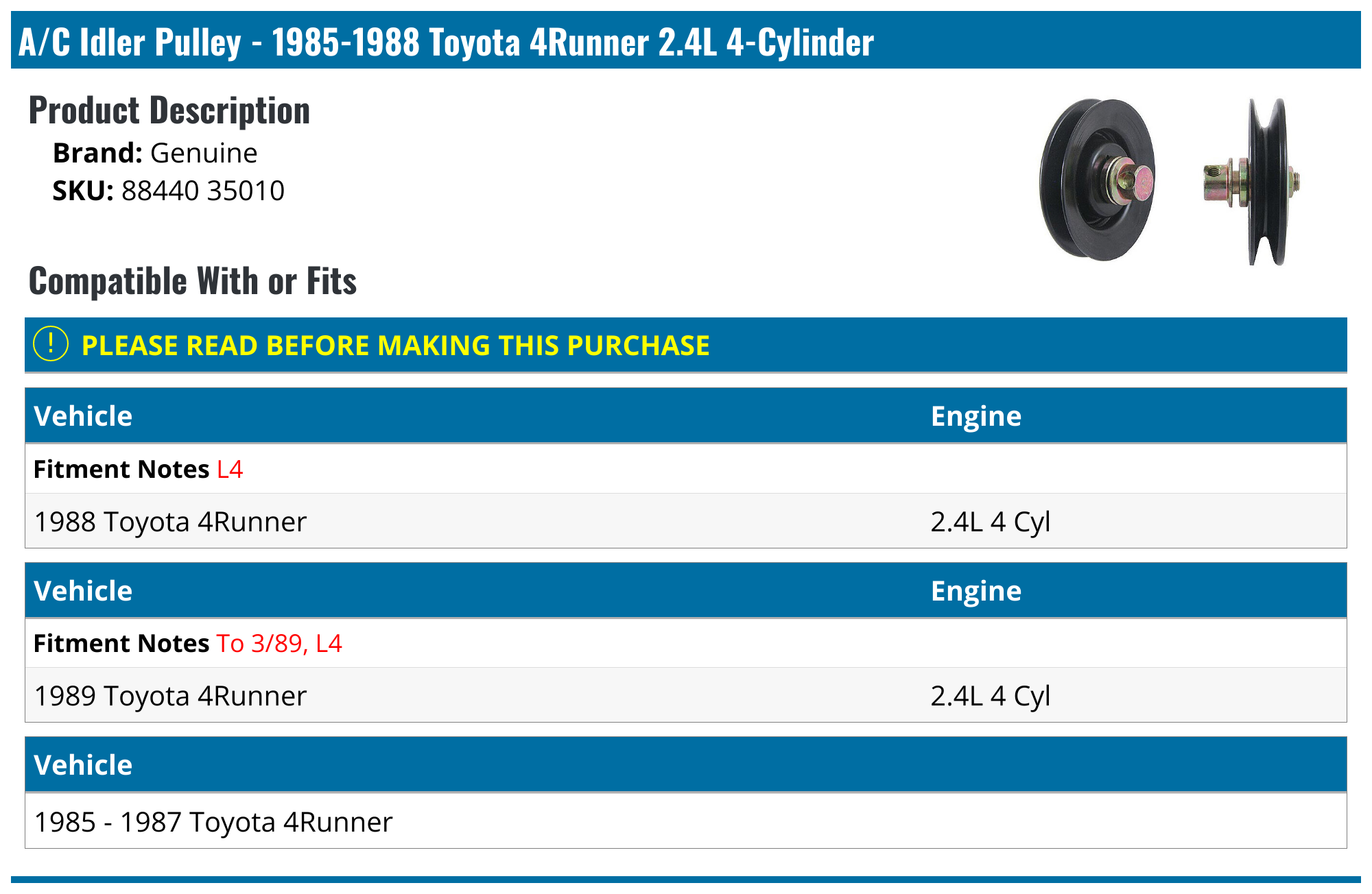 1985-1989 Toyota 4Runner A/C Idler Pulley - Genuine 88440 35010 ...