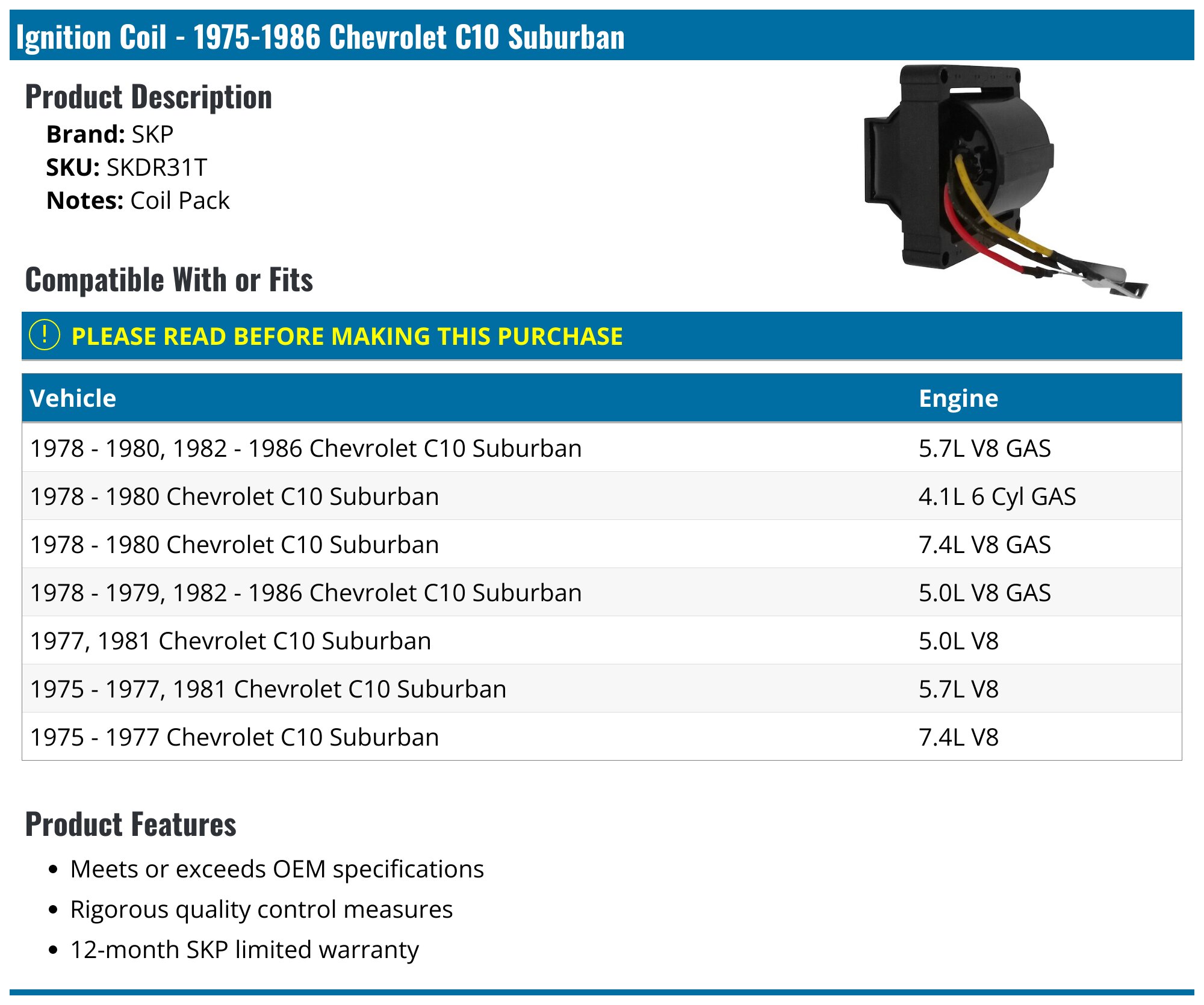 1975-1986 Chevrolet C10 Suburban Ignition Coil - SKP SKDR31T ...