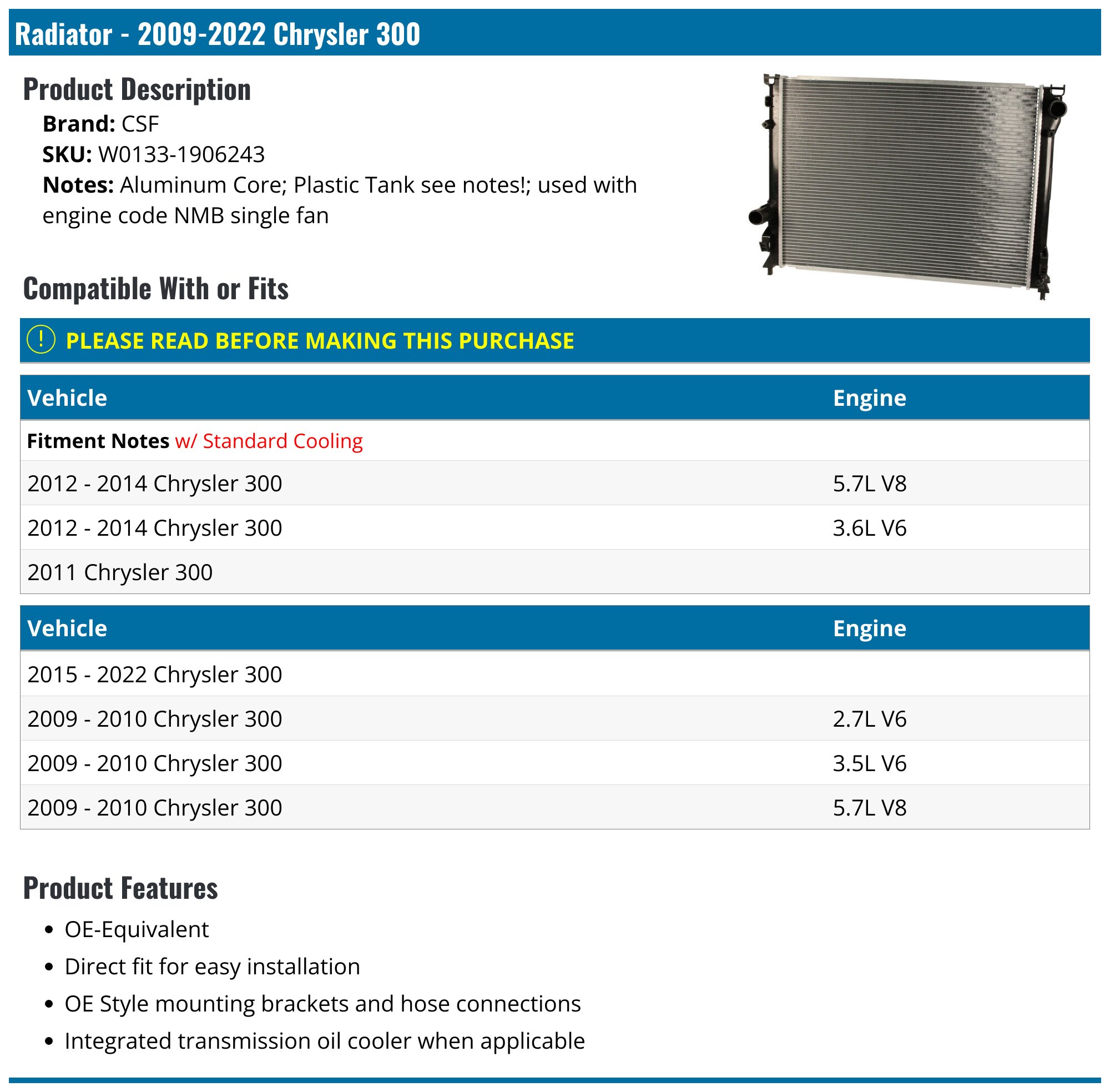 2009-2023 Chrysler 300 Radiator - CSF W0133-1906243 - PartsGeek.com