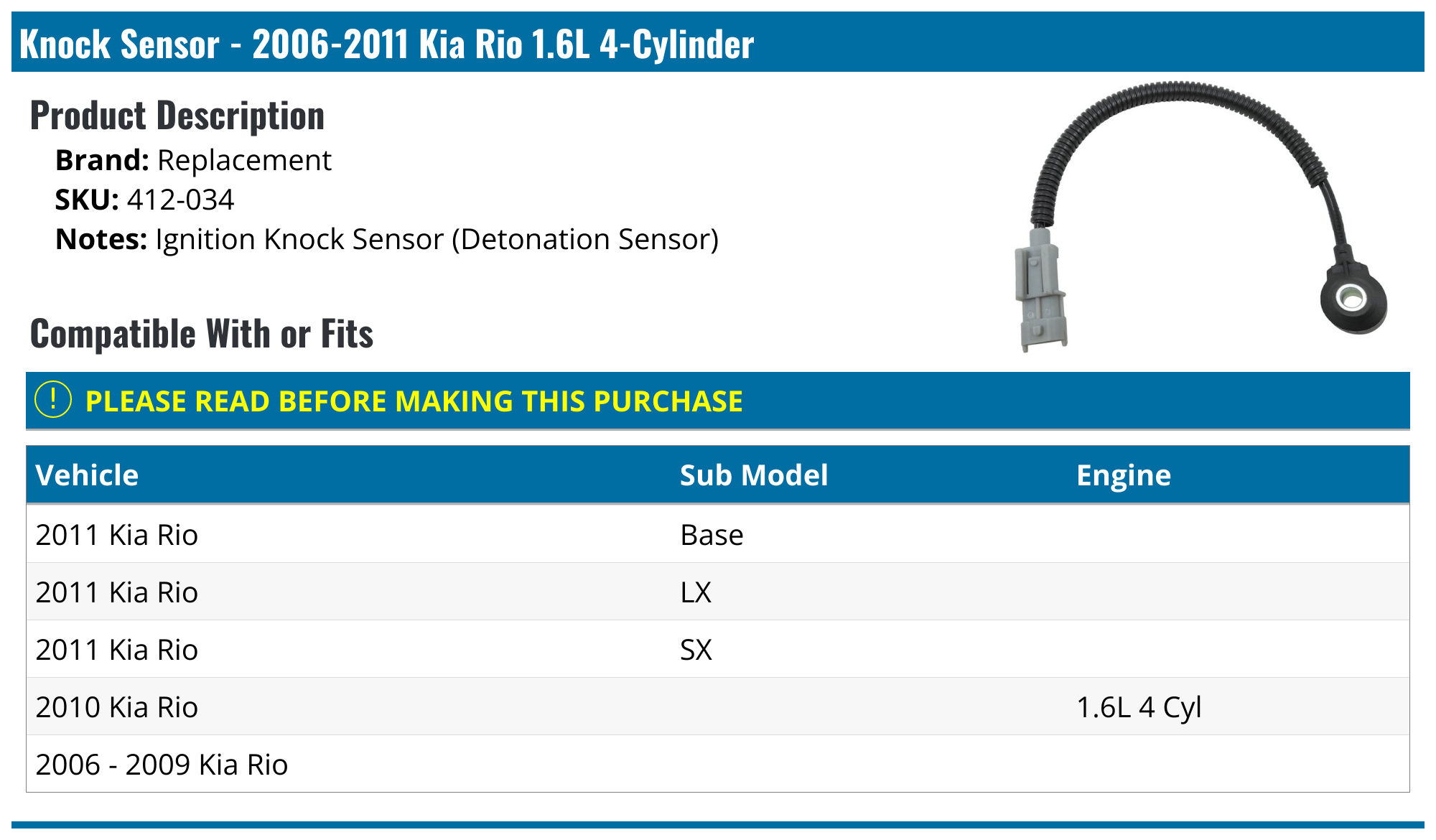2006-2011 Kia Rio Knock Sensor - Replacement 412-034 - PartsGeek.com