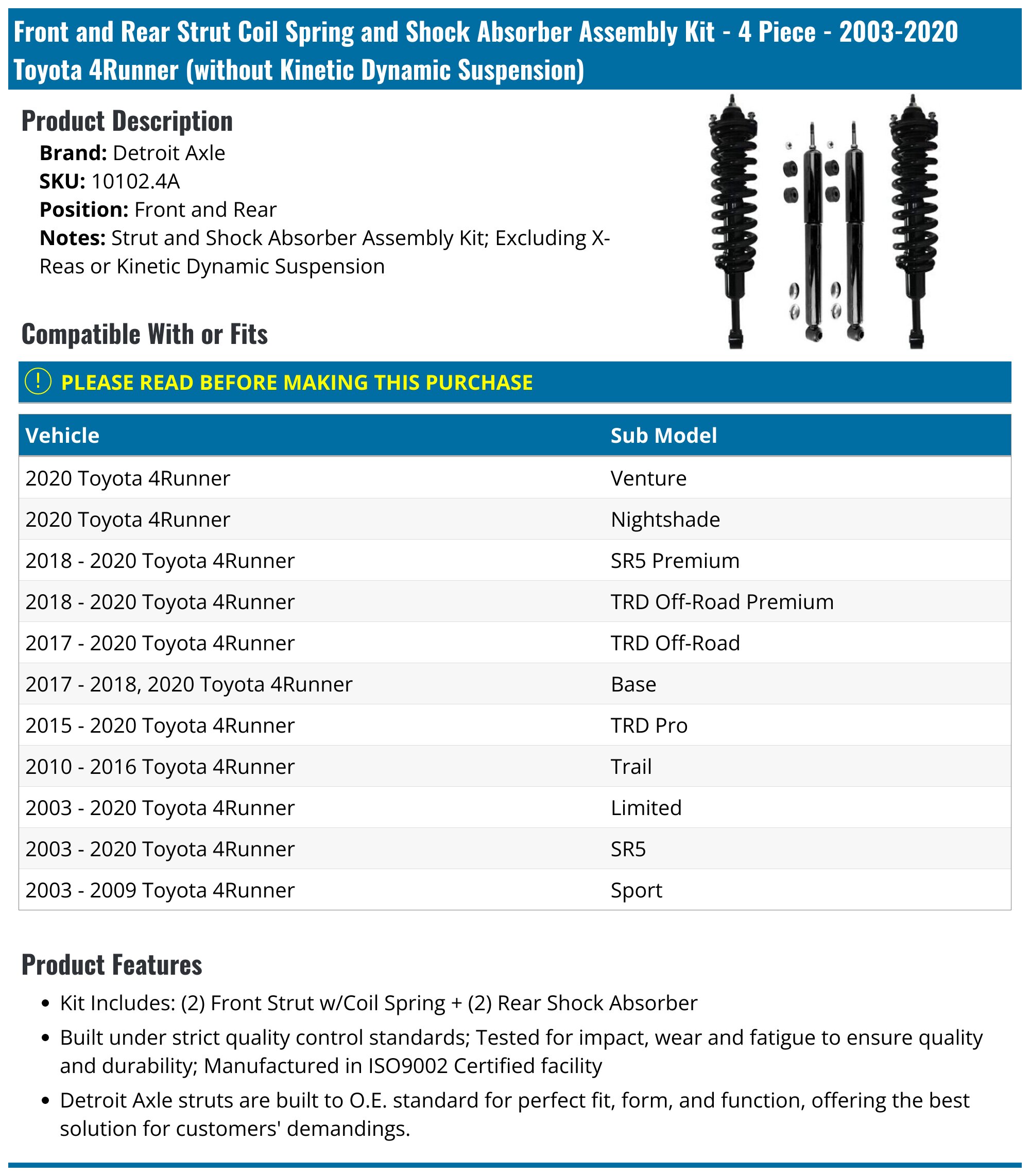 2003-2020 Toyota 4Runner Strut Assembly - Detroit Axle 10102.4A - Front ...