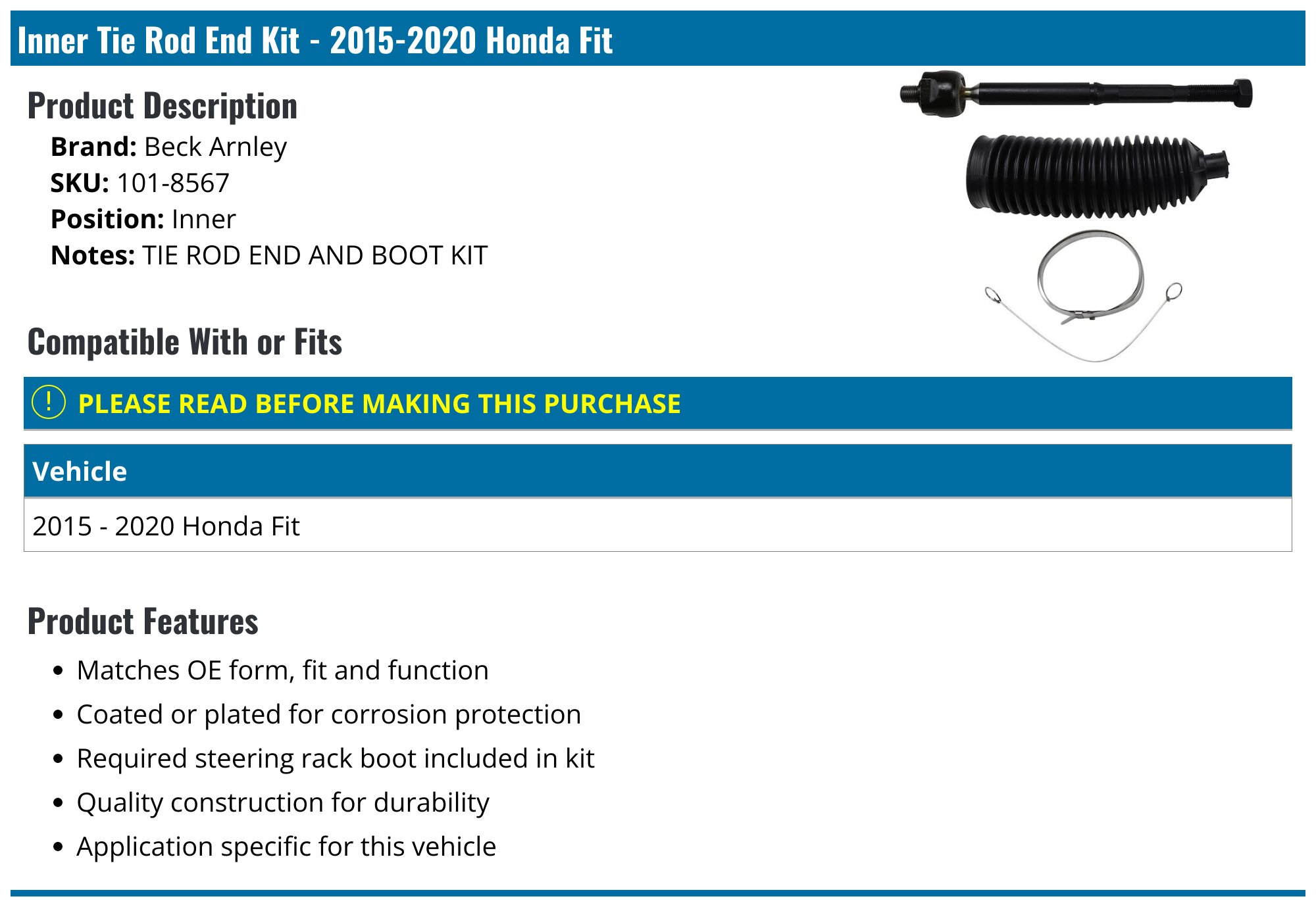 2015-2020 Honda Fit Tie Rod End - Beck Arnley 101-8567 - Inner ...