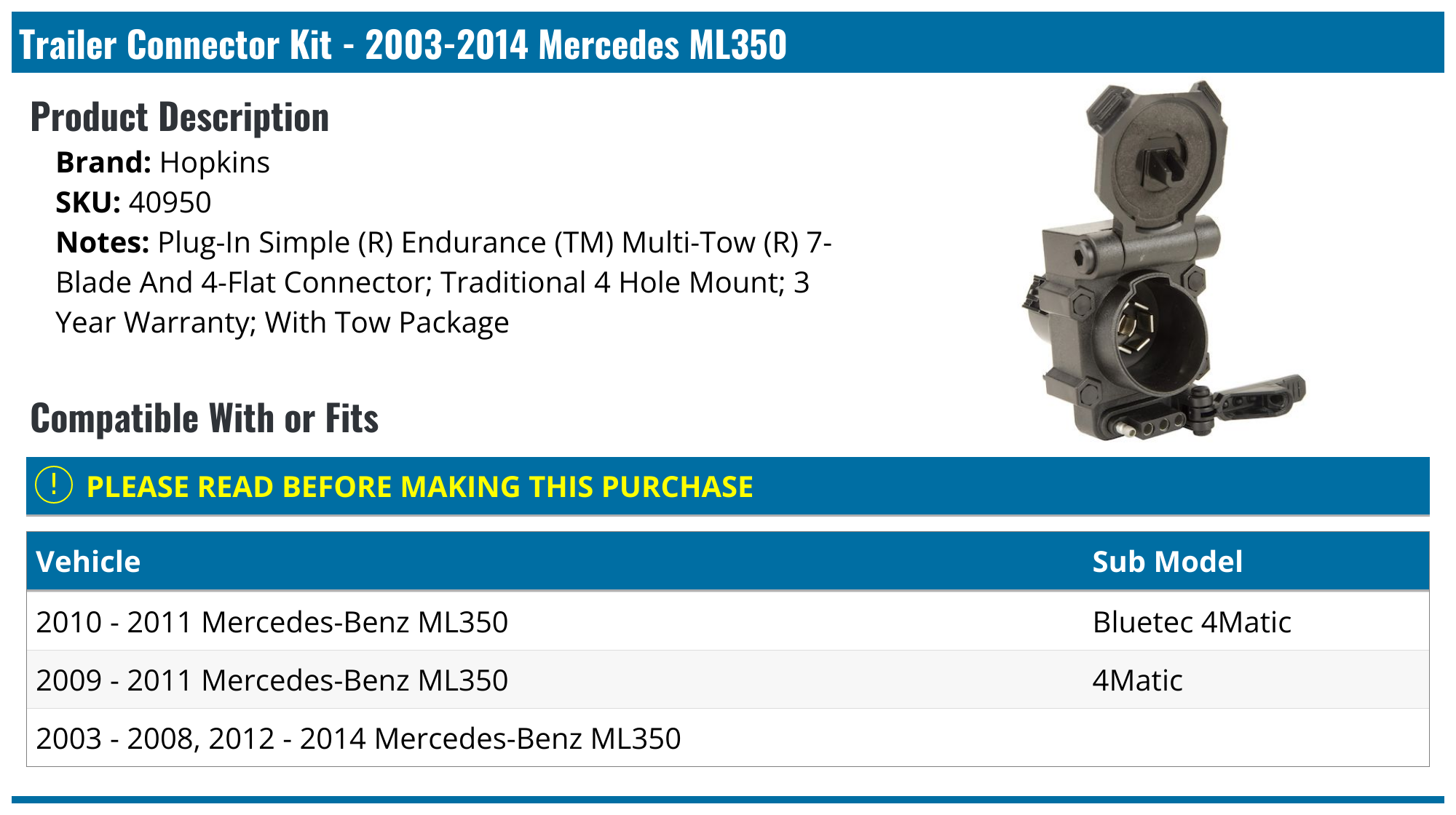 2003-2014 Mercedes ML350 Trailer Connector Kit - Hopkins 40950 ...
