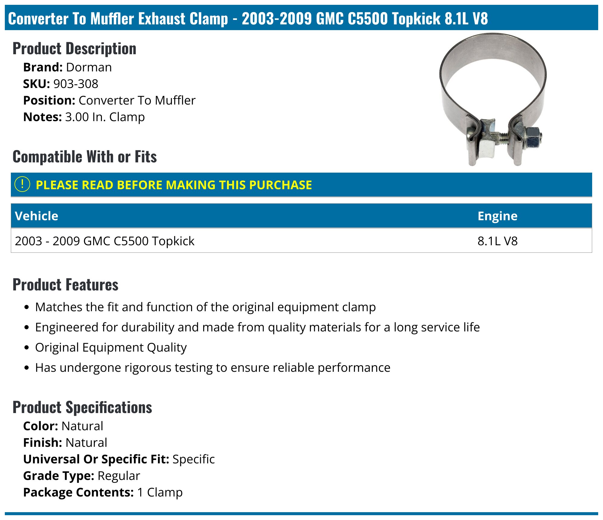 2003-2009 GMC C5500 Topkick Exhaust Clamp - Dorman 903-308 - Converter ...