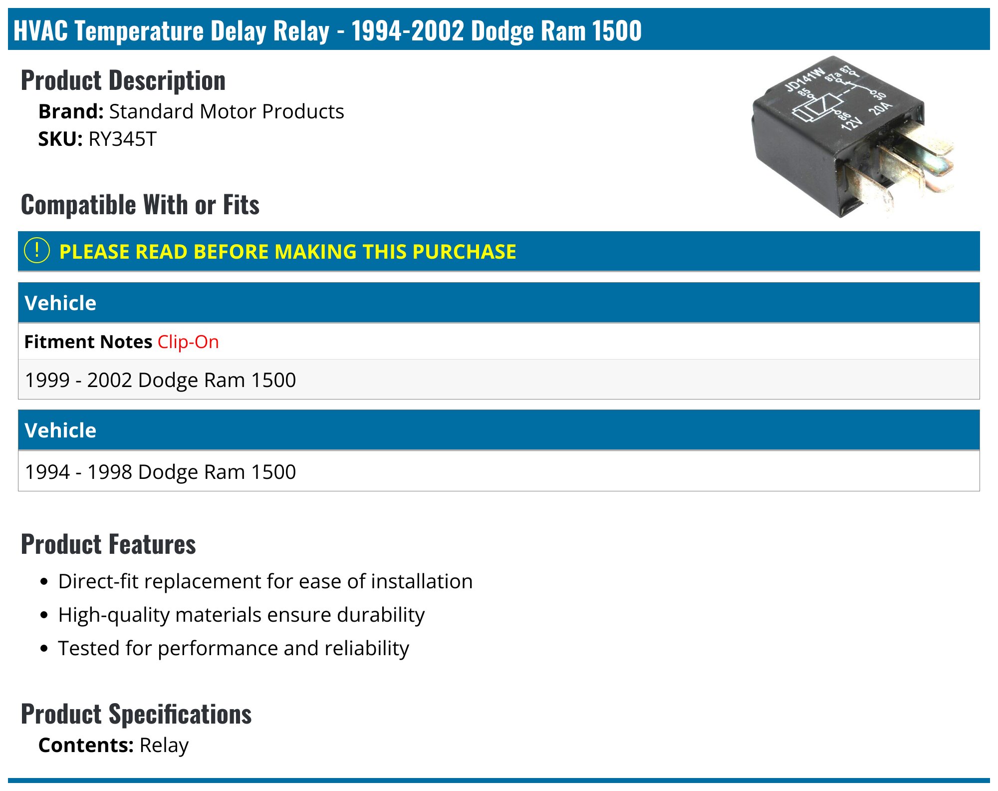 1994-2002 Dodge Ram 1500 HVAC Temperature Delay Relay - Standard Motor ...