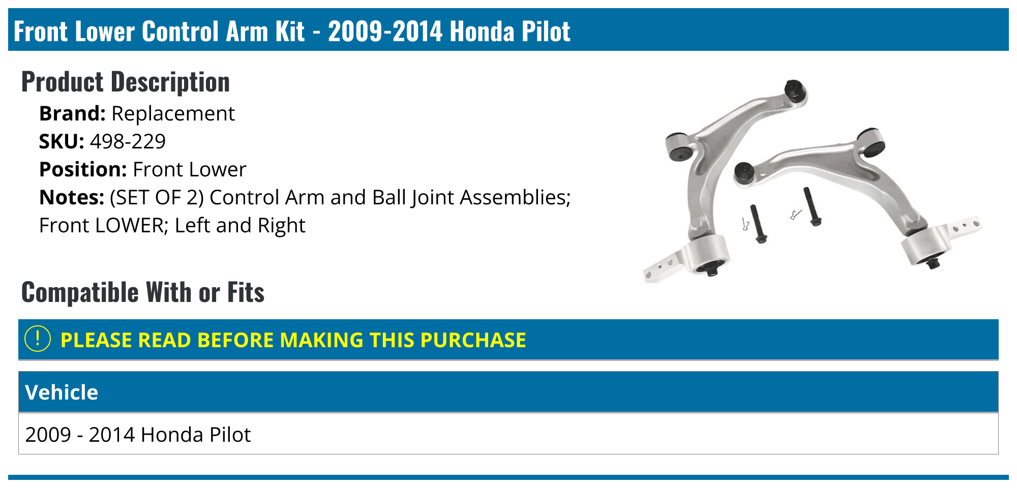2009-2014 Honda Pilot Control Arm - Replacement 498-229 - Front Lower ...