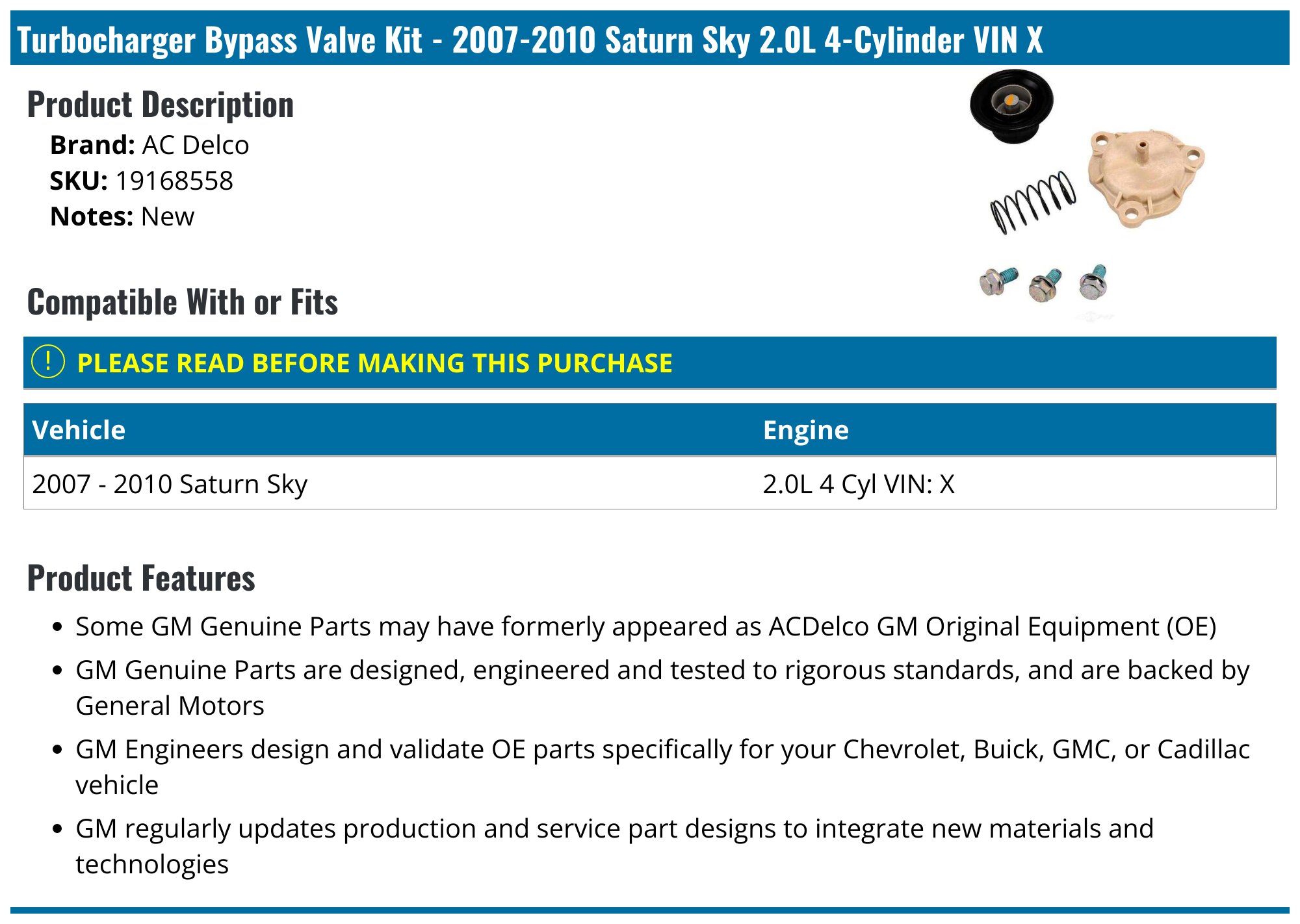 2007-2010 Saturn Sky Turbocharger Bypass Valve Kit - AC Delco 19168558 ...