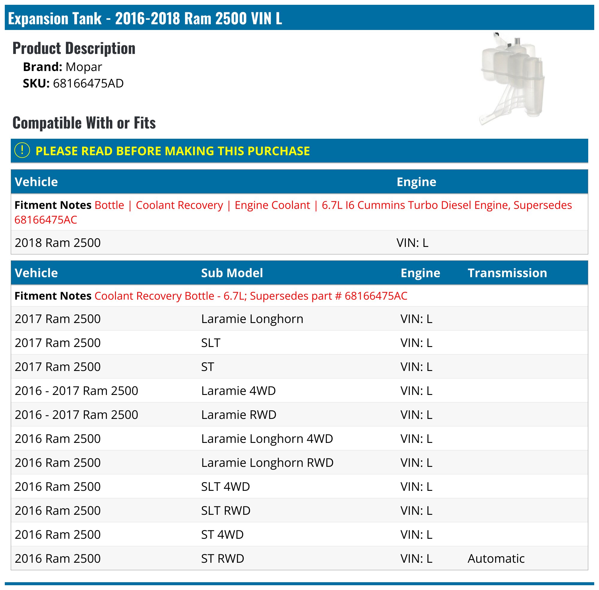 2016-2018 Ram 2500 Expansion Tank - Mopar 68166475AD - PartsGeek.com