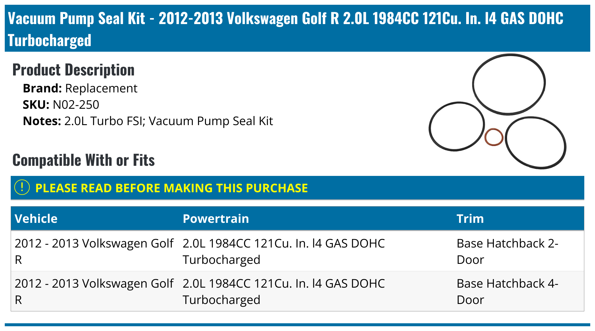 2012-2013 Volkswagen Golf R Vacuum Pump Seal - Replacement N02-250 ...