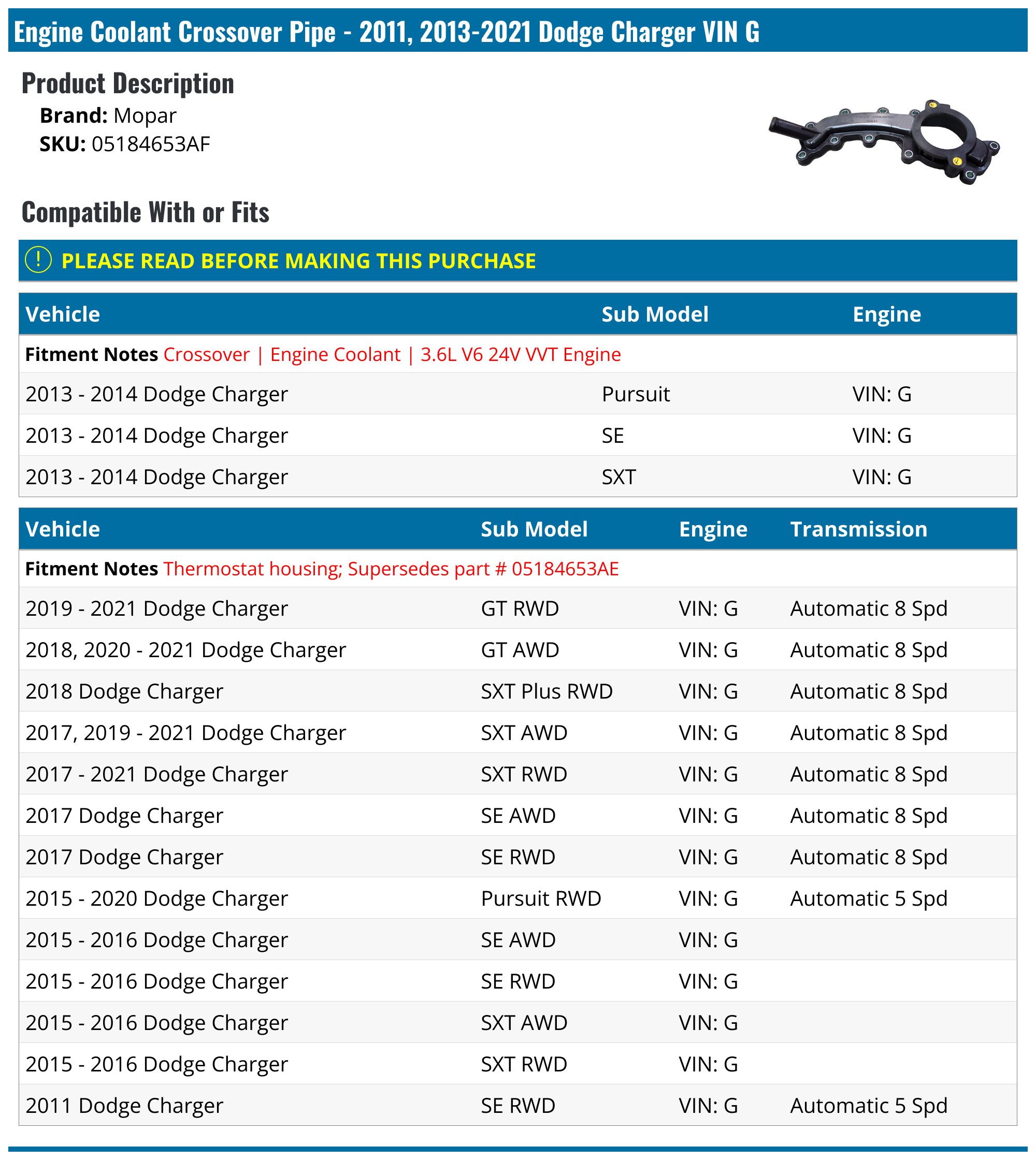 2011, 2013-2021 Dodge Charger Engine Coolant Crossover Pipe - Mopar ...