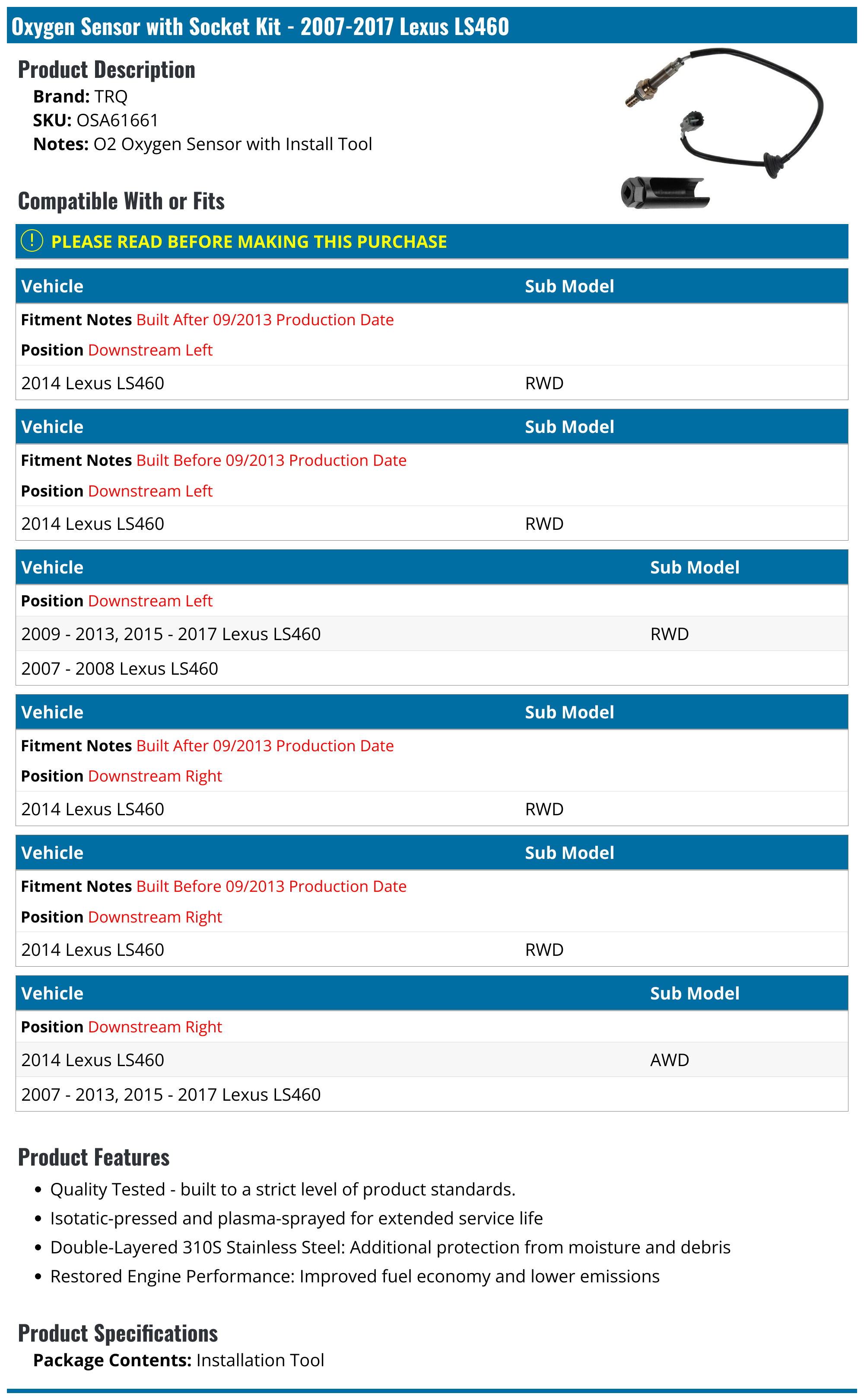 2007-2017 Lexus LS460 Oxygen Sensor - TRQ OSA61661 - Downstream Left ...