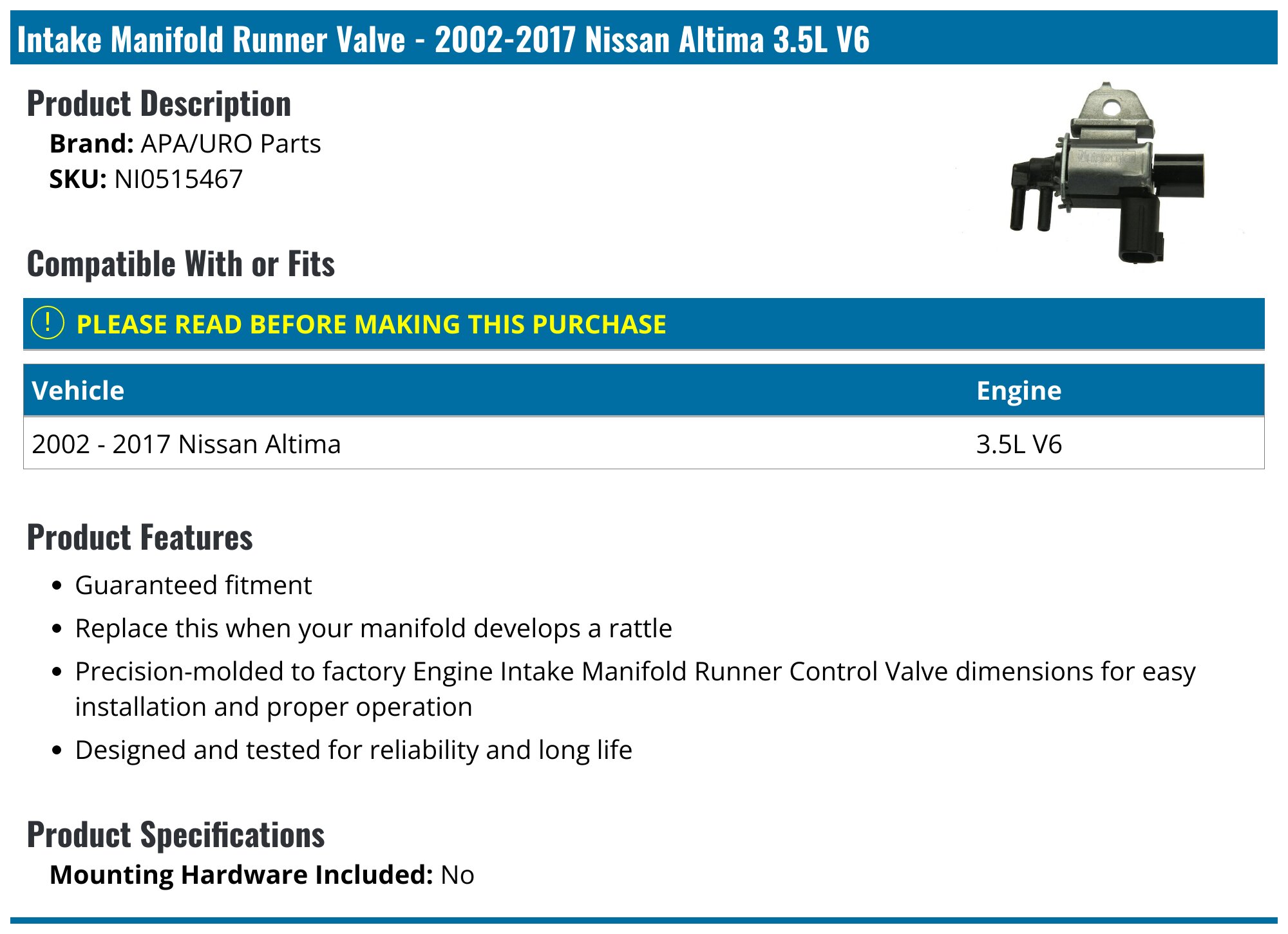 2002-2017 Nissan Altima Intake Manifold Runner Valve - APA/URO Parts ...