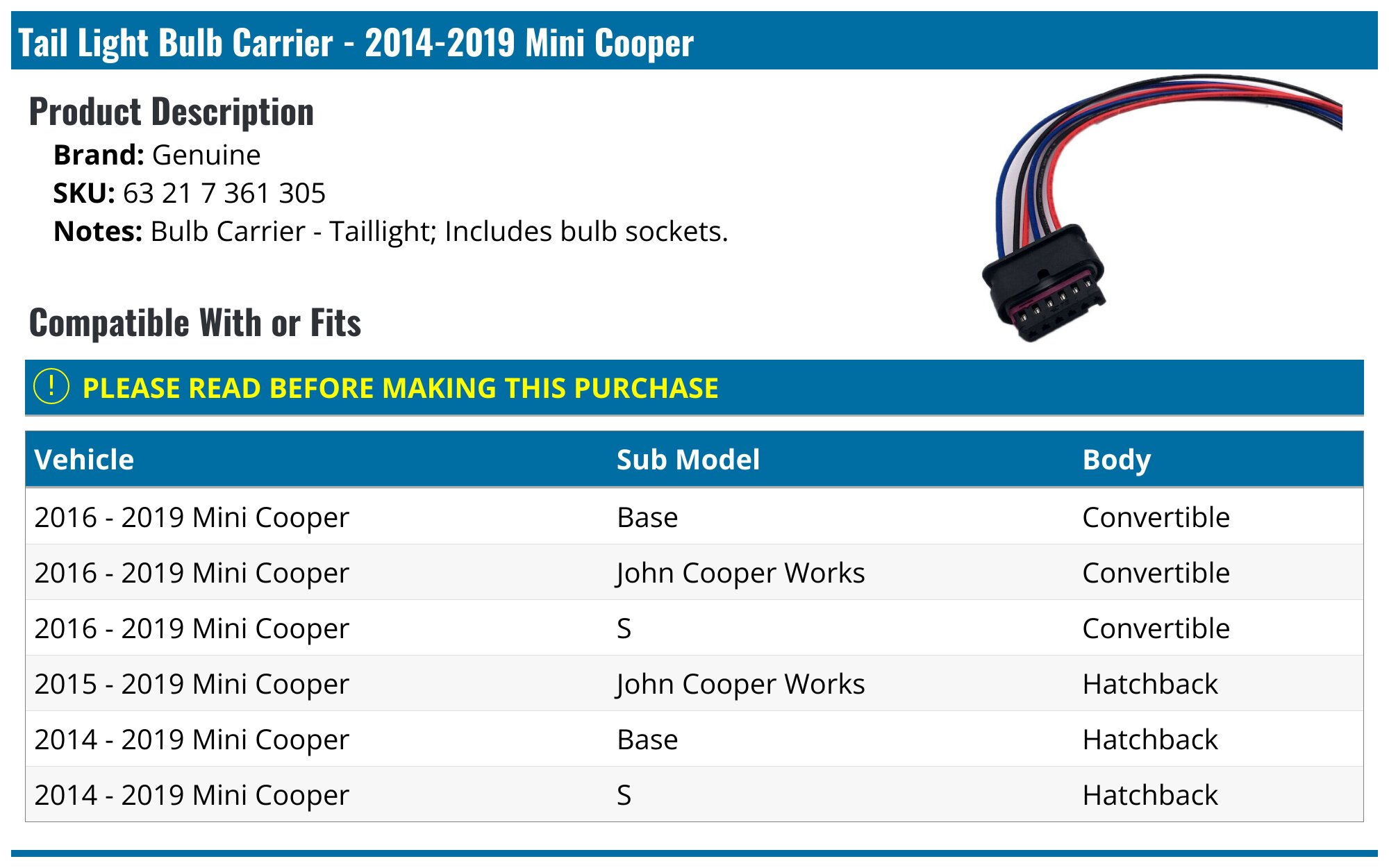 2014-2019 Mini Cooper Tail Light Bulb Carrier - Genuine 63 21 7 361 305 ...