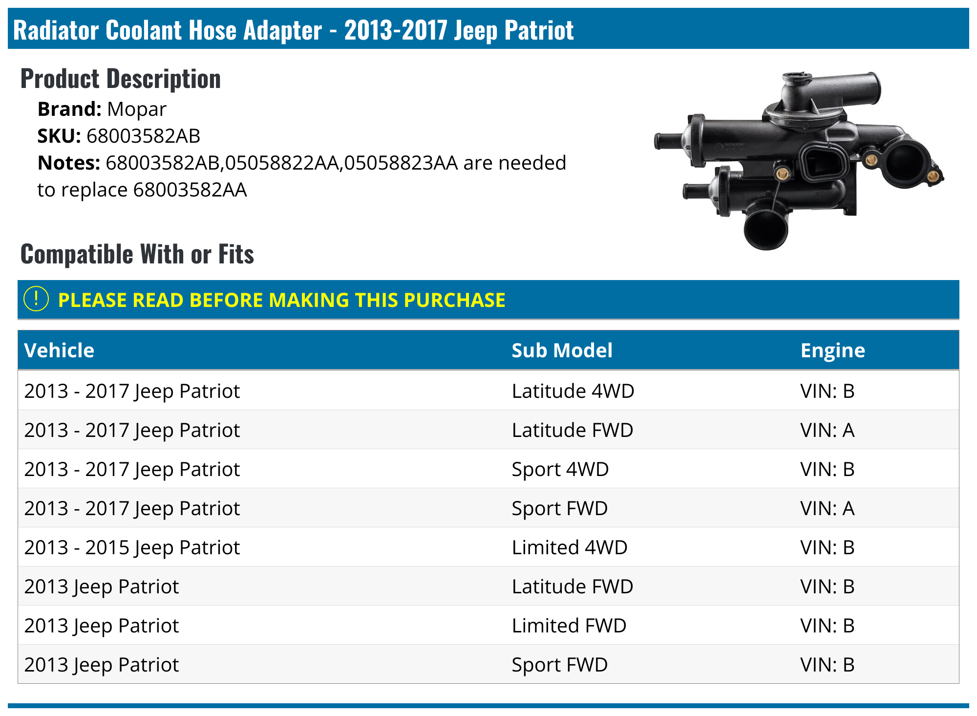 2013-2017 Jeep Patriot Radiator Coolant Hose Adapter - Mopar 68003582AB ...
