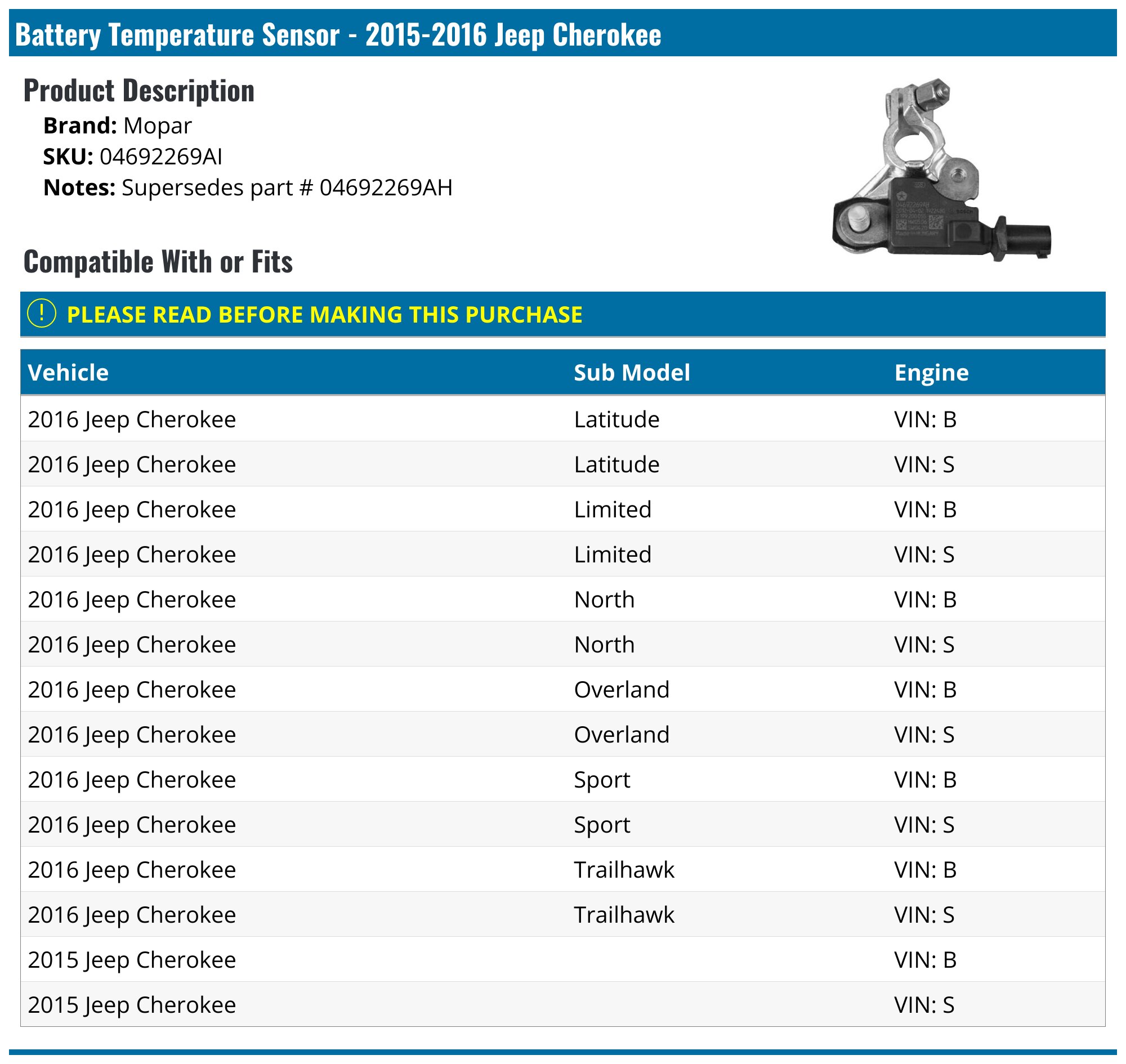 2015-2016 Jeep Cherokee Battery Temperature Sensor - Mopar 04692269AI ...