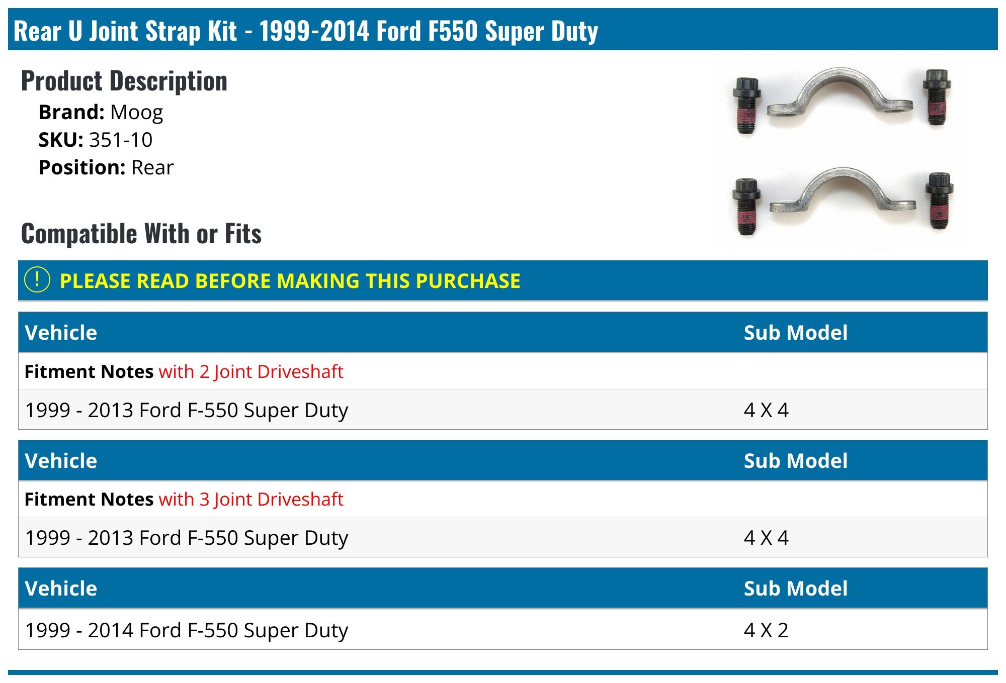 1999-2014 Ford F550 Super Duty U Joint Strap Kit - Moog 351-10 - Rear ...