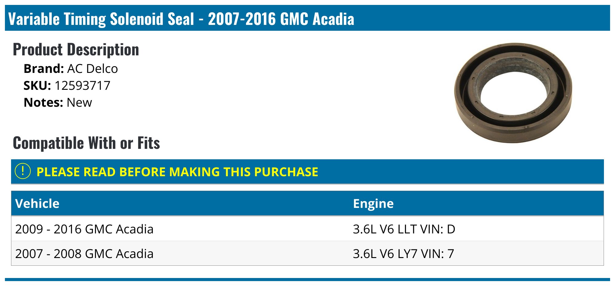 2007-2016 GMC Acadia Variable Timing Solenoid Seal - AC Delco 12593717 ...