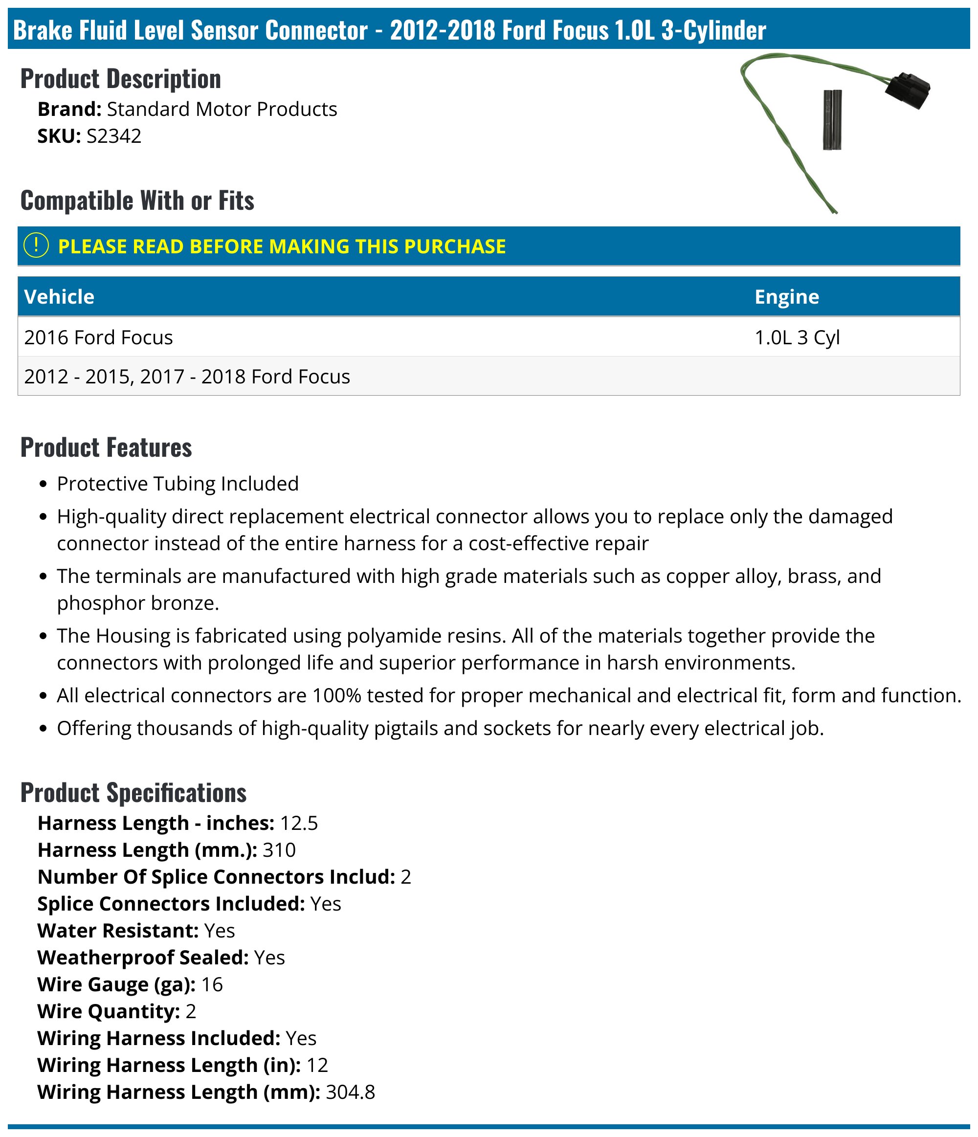 2012-2018 Ford Focus Brake Fluid Level Sensor Connector - Standard ...