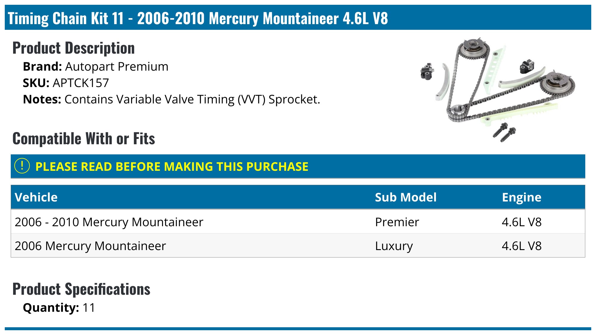 2006-2010 Mercury Mountaineer Timing Chain - Autopart Premium APTCK157 ...