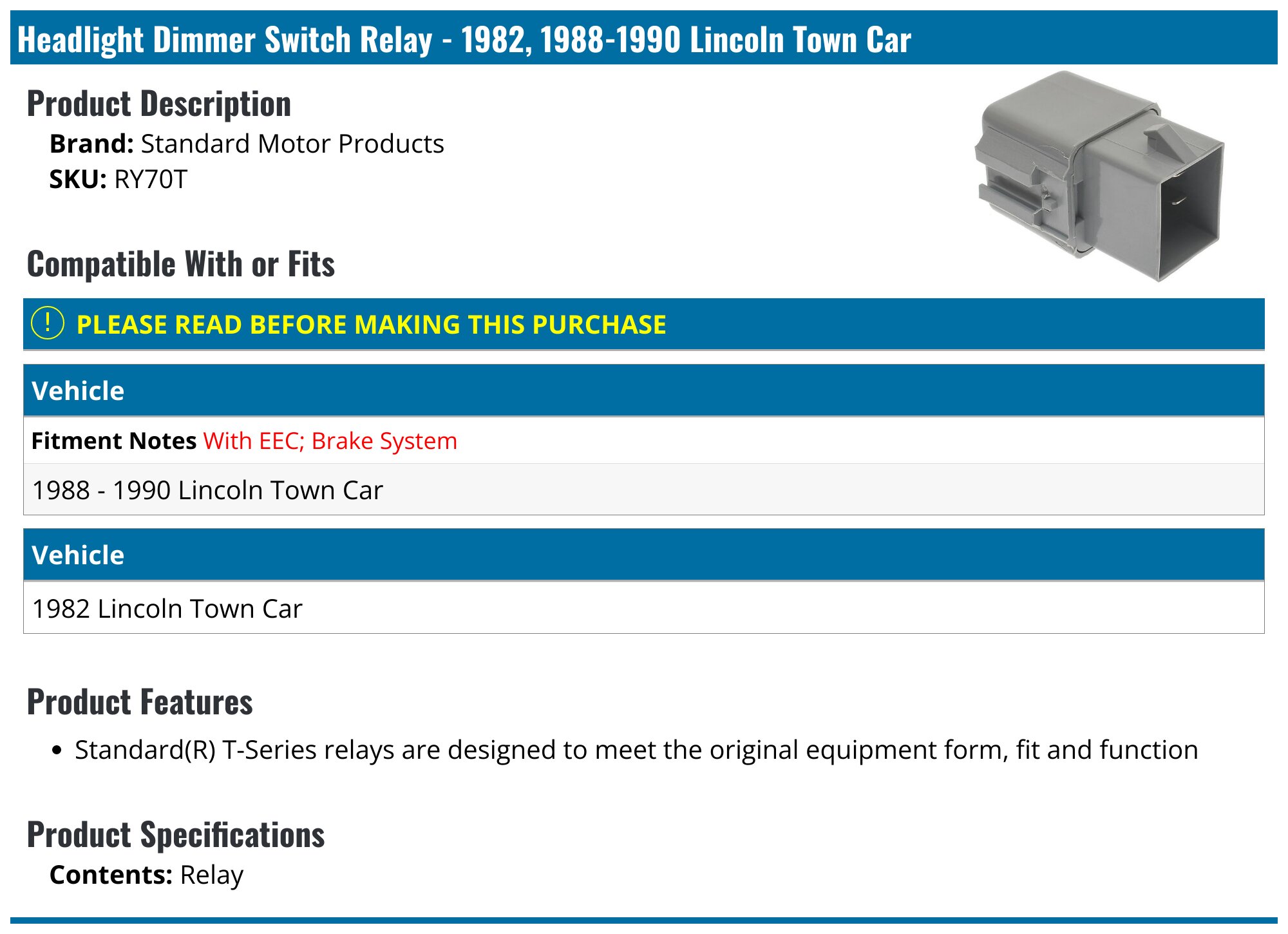 1982, 1988-1990 Lincoln Town Car Headlight Dimmer Switch Relay ...